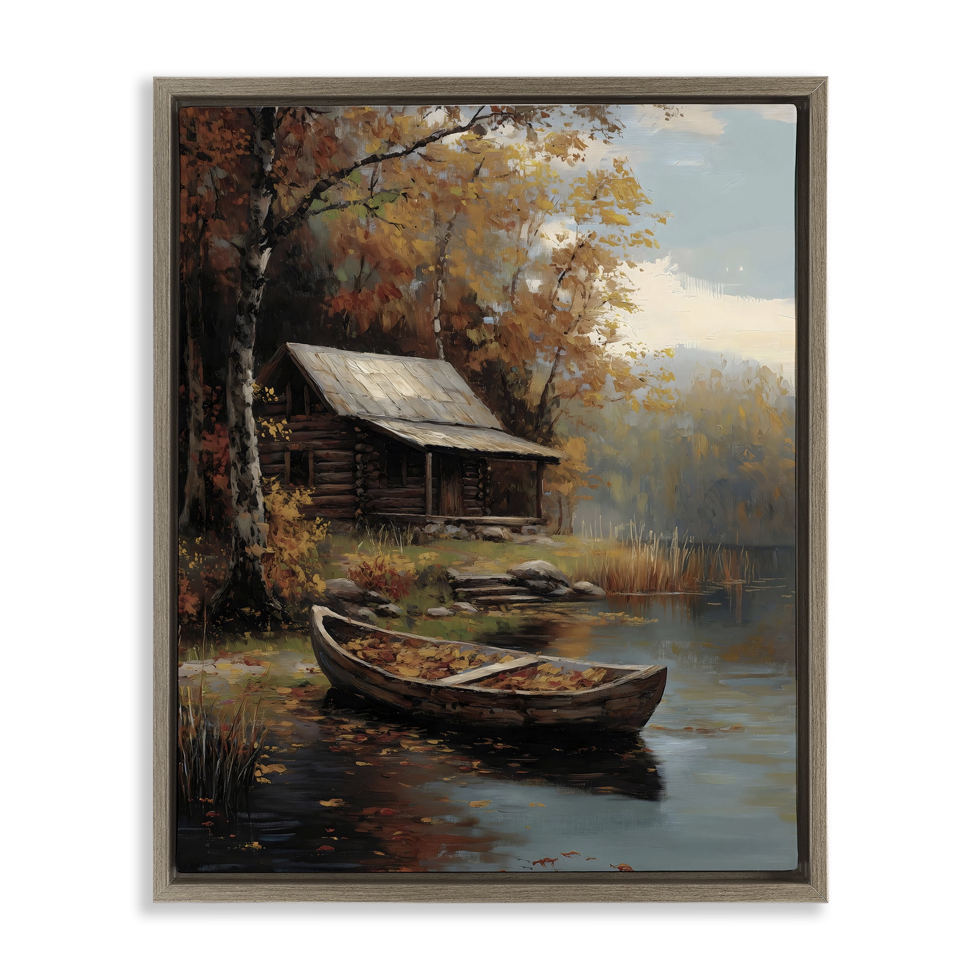 Autumn Cabin Canoe with Leaves Brown Framed Floater Canvas Wall Art ...