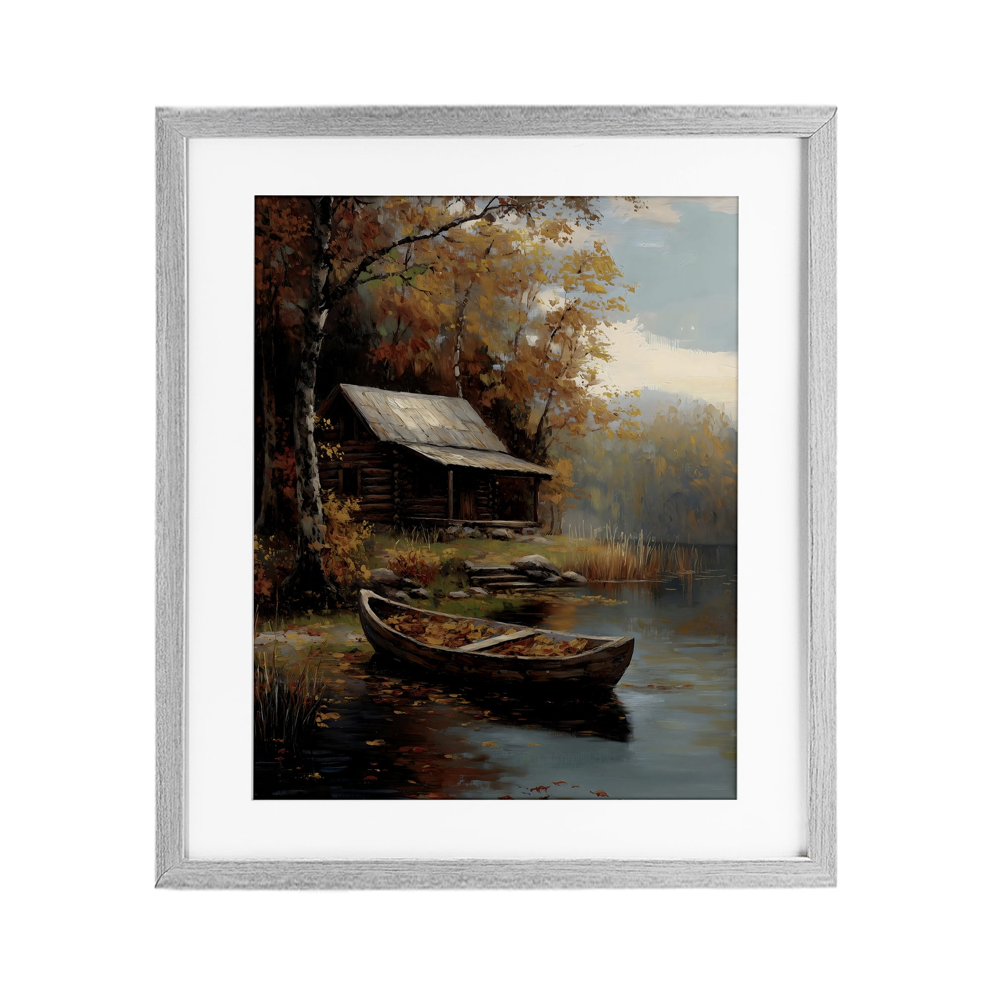 Autumn Cabin Canoe with Leaves Gray Framed Print Under Glass, design by ...