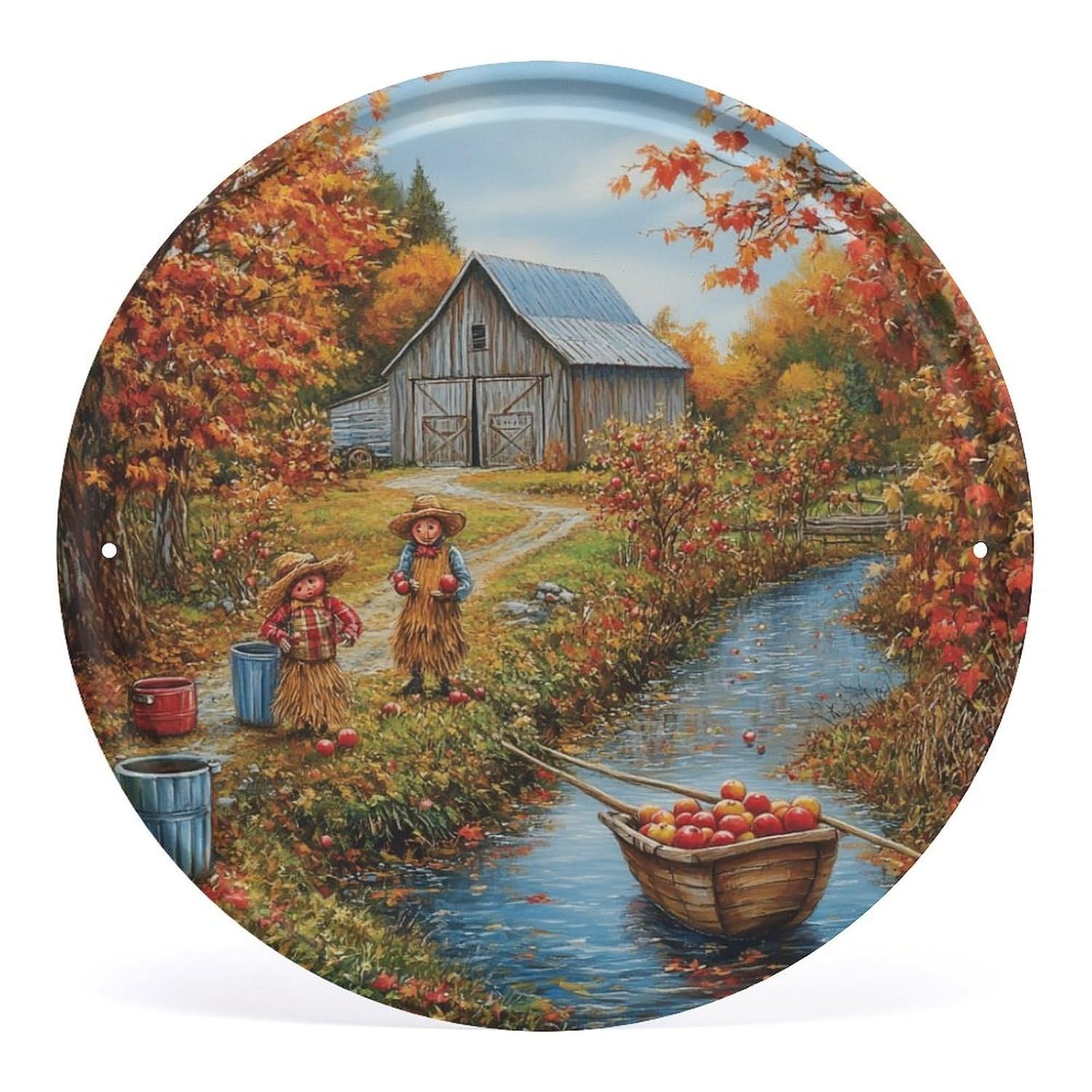 Autumn Cabin Fall Forest Lake Tree Leaves Round Aluminum Sign Hello ...