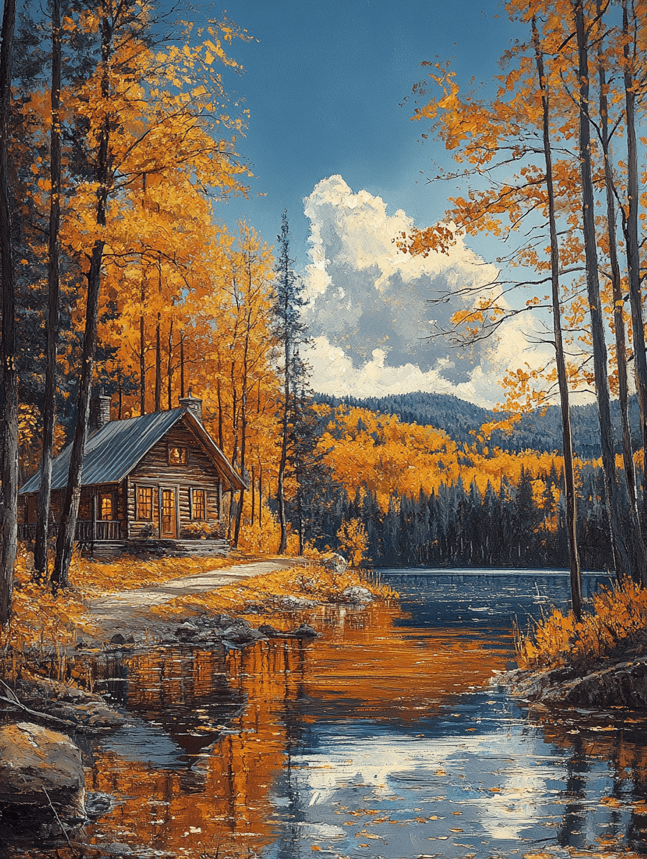 Autumn Cabin Lake House Canvas Print/Wall Art Suitable for Living Room ...