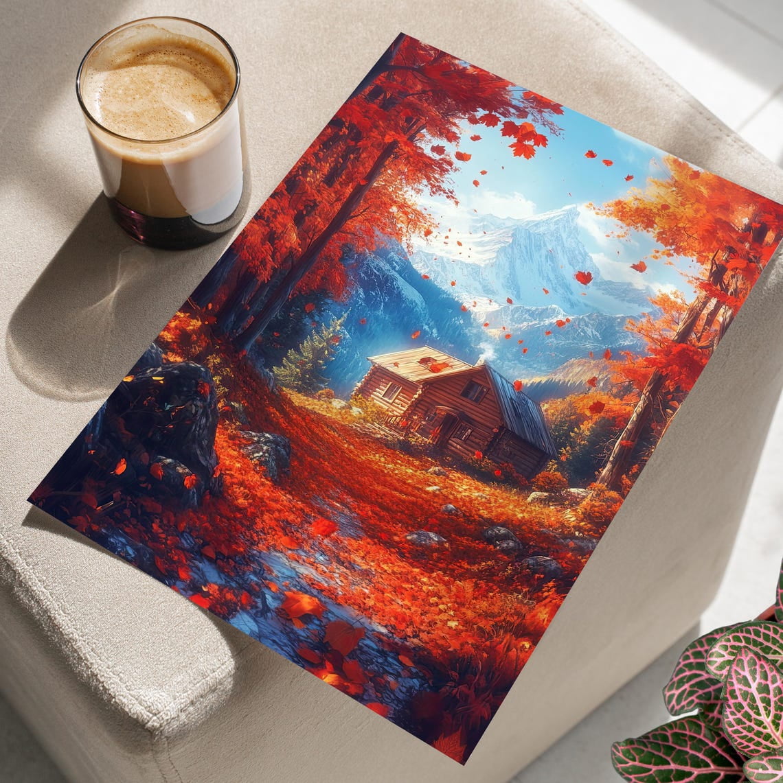 Autumn Cabin Maple Trees Mountains View Realistic Vibrant Fall Peaceful ...