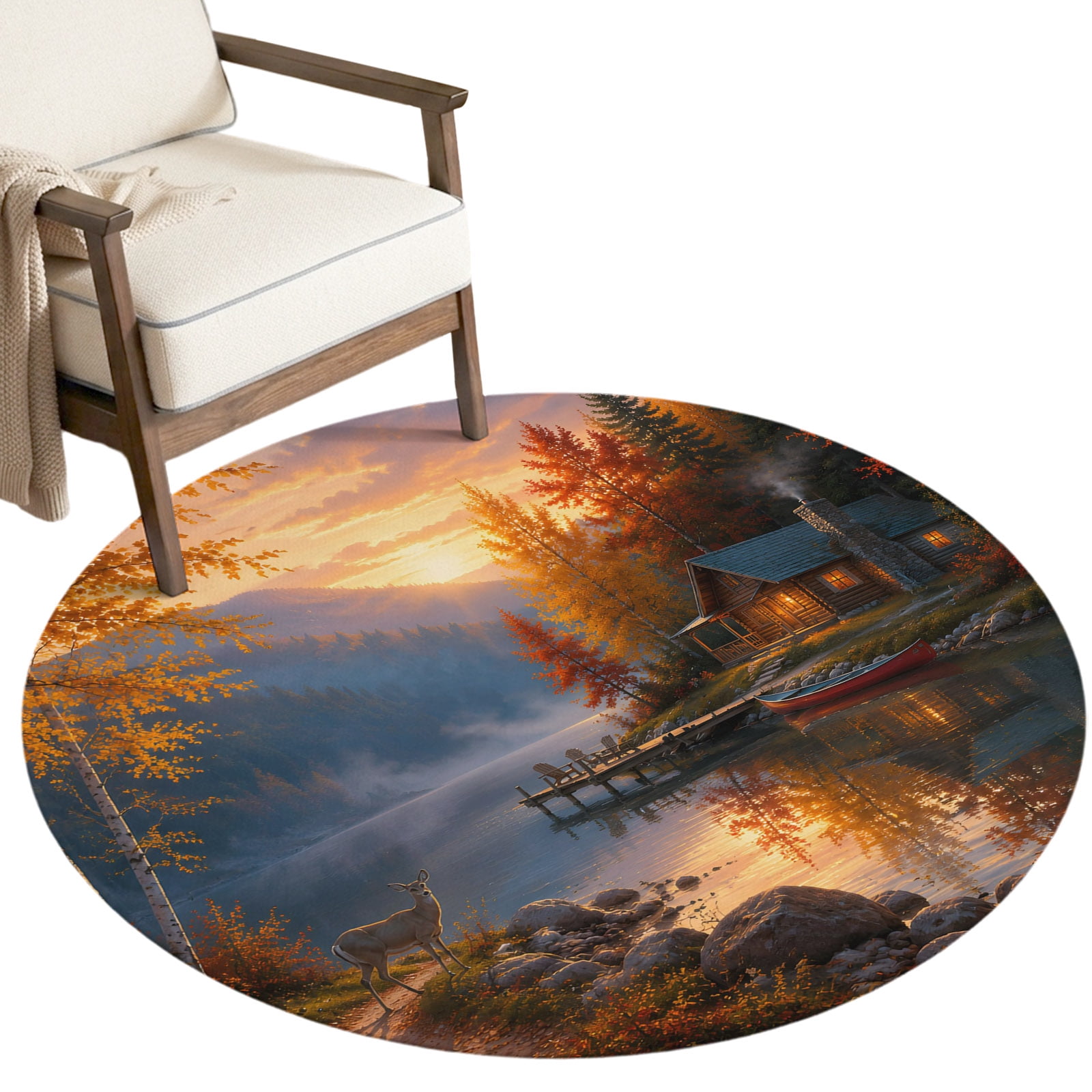 Autumn Cabin Washable Round Area Rug 3 ft, Rustic Country Deer Lake ...