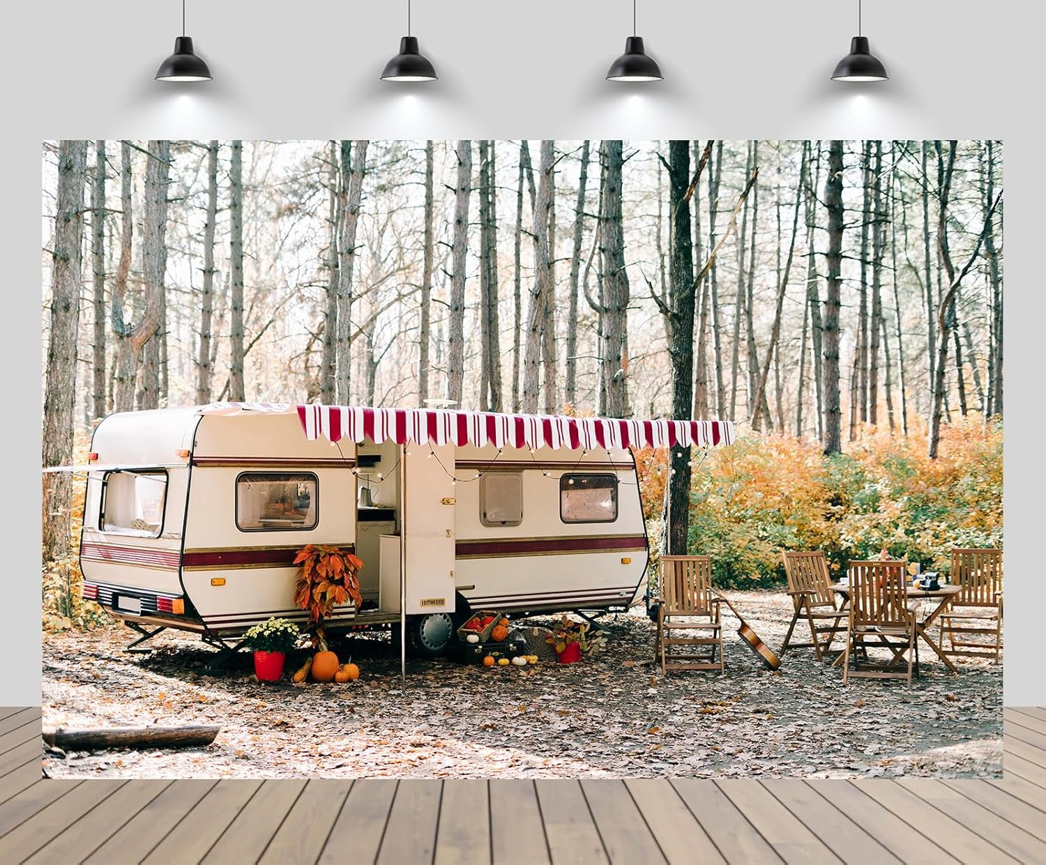 Autumn Camp Backdrop Camper Bus Pine Forest Fall Season Hiking Woods ...
