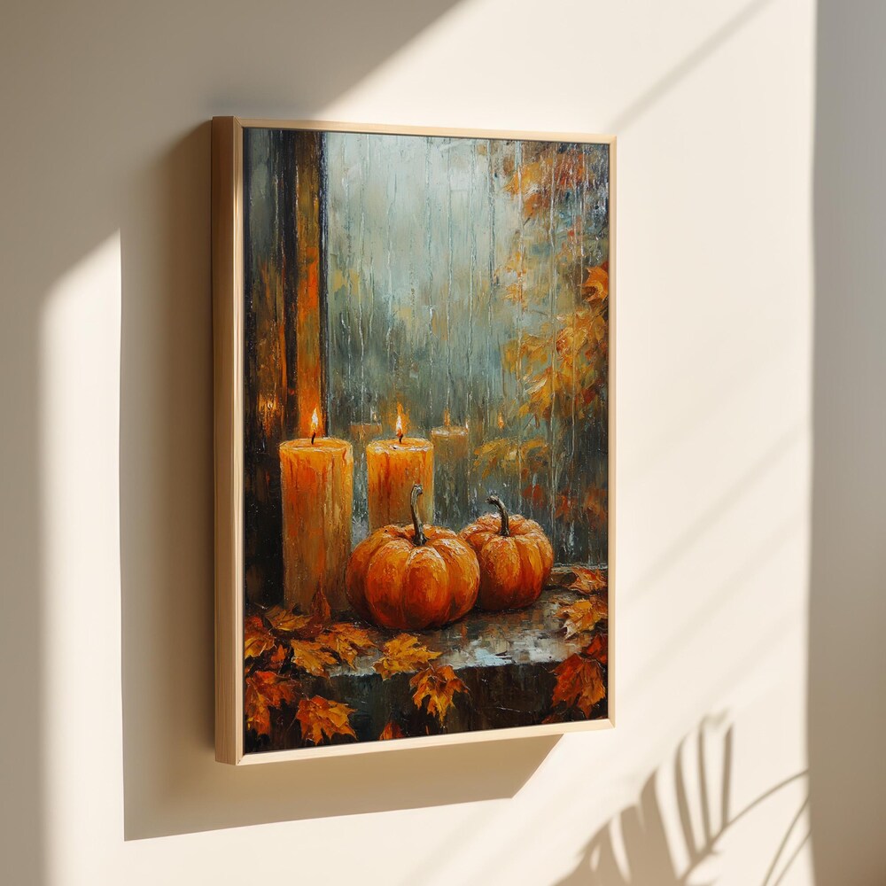 Autumn Candlelight And Pumpkin Wall Art Rainy Window Warm Glow And Fall ...