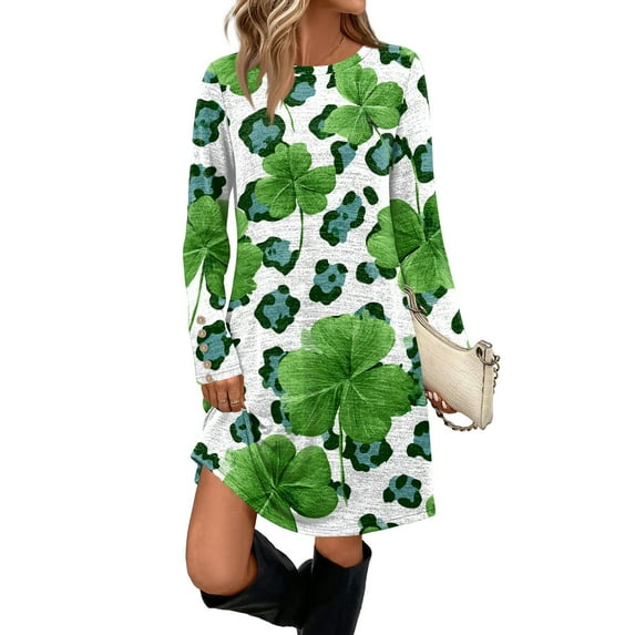 Autumn Casual St. Patrick's Print Dress Womens Loose Long Sleeve Dress ...