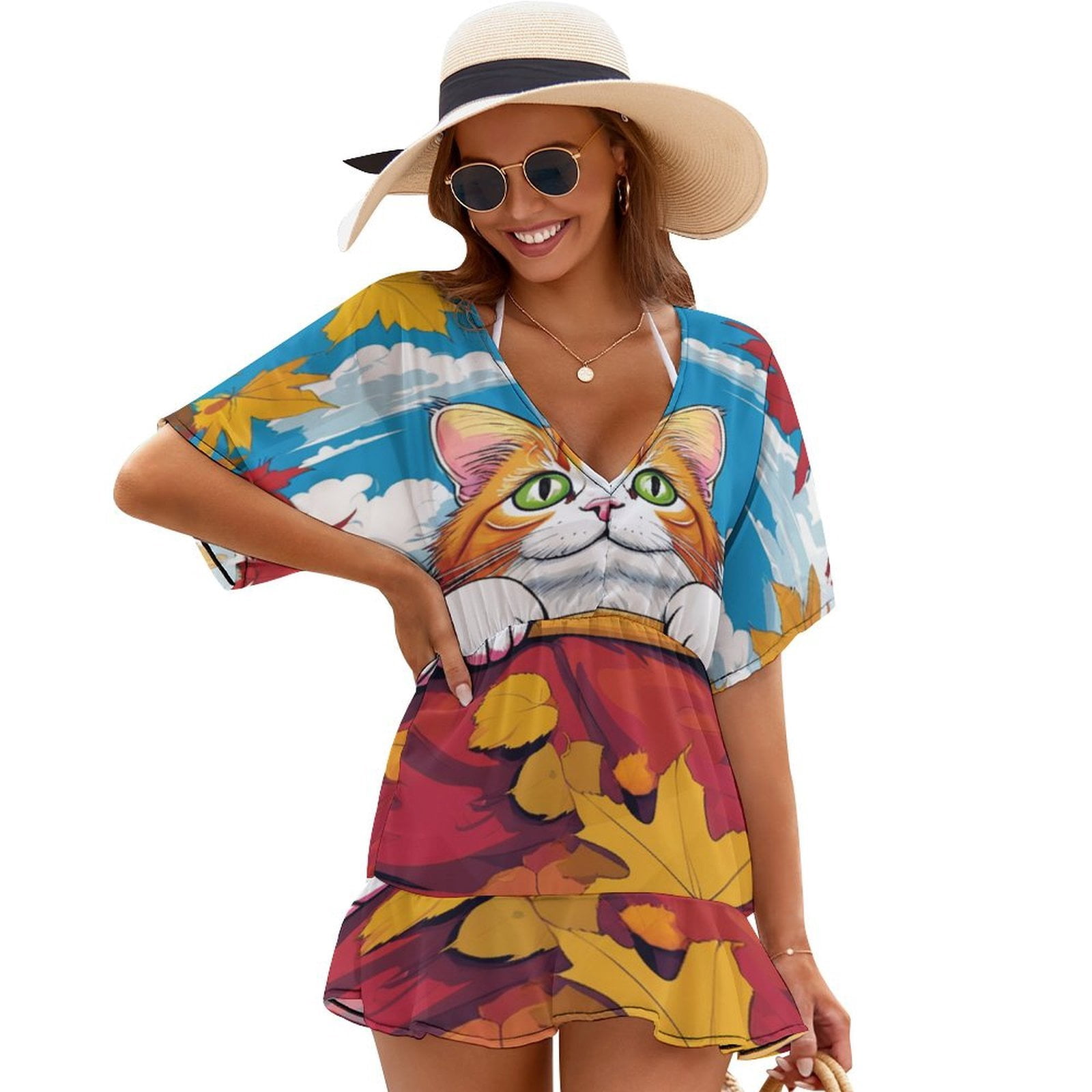 Autumn Cat Leaves Art Beach Cover Ups Women V Neck Short Sleeve Dress ...