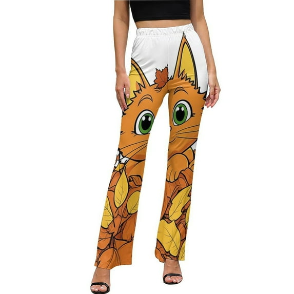 Autumn Cat Leaves High Waisted Casual Flared Trousers Summer Home Pants ...