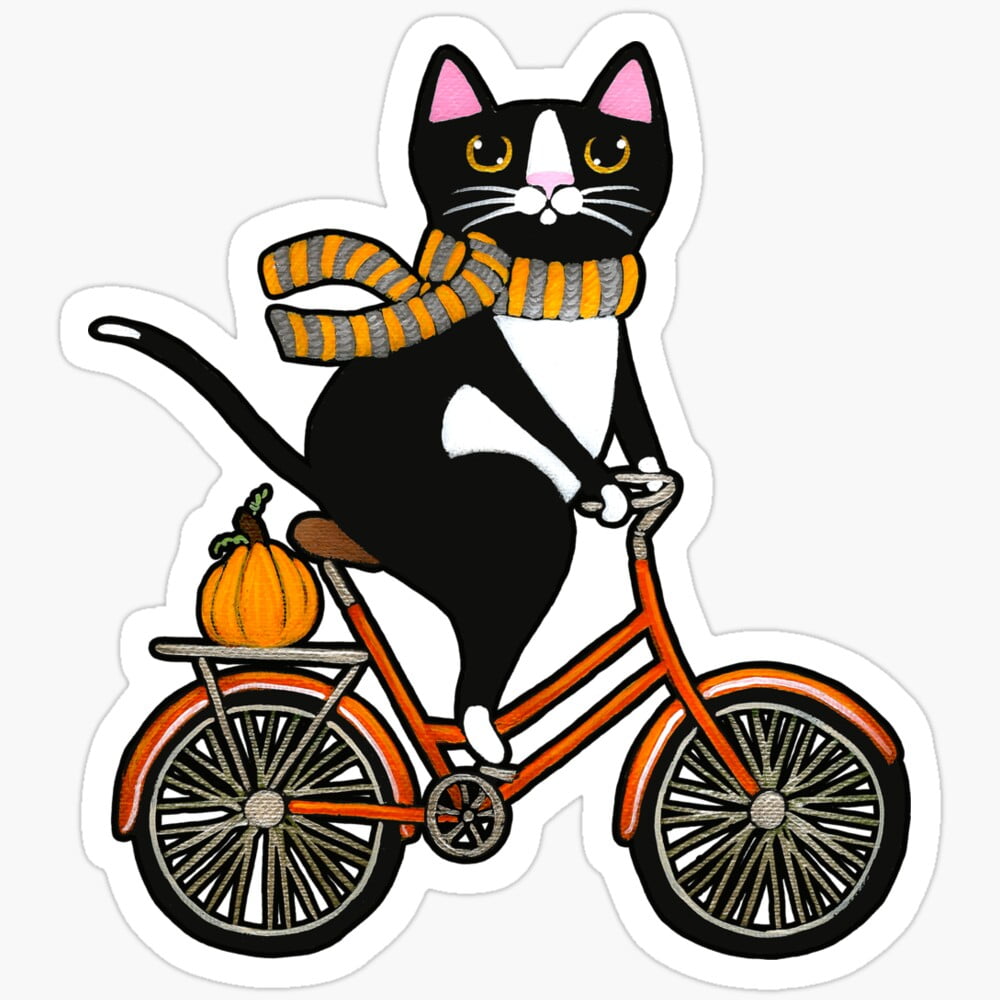 Autumn Cat On A Bicycle Sticker Phone Decal Water Bottle Stickers Car ...