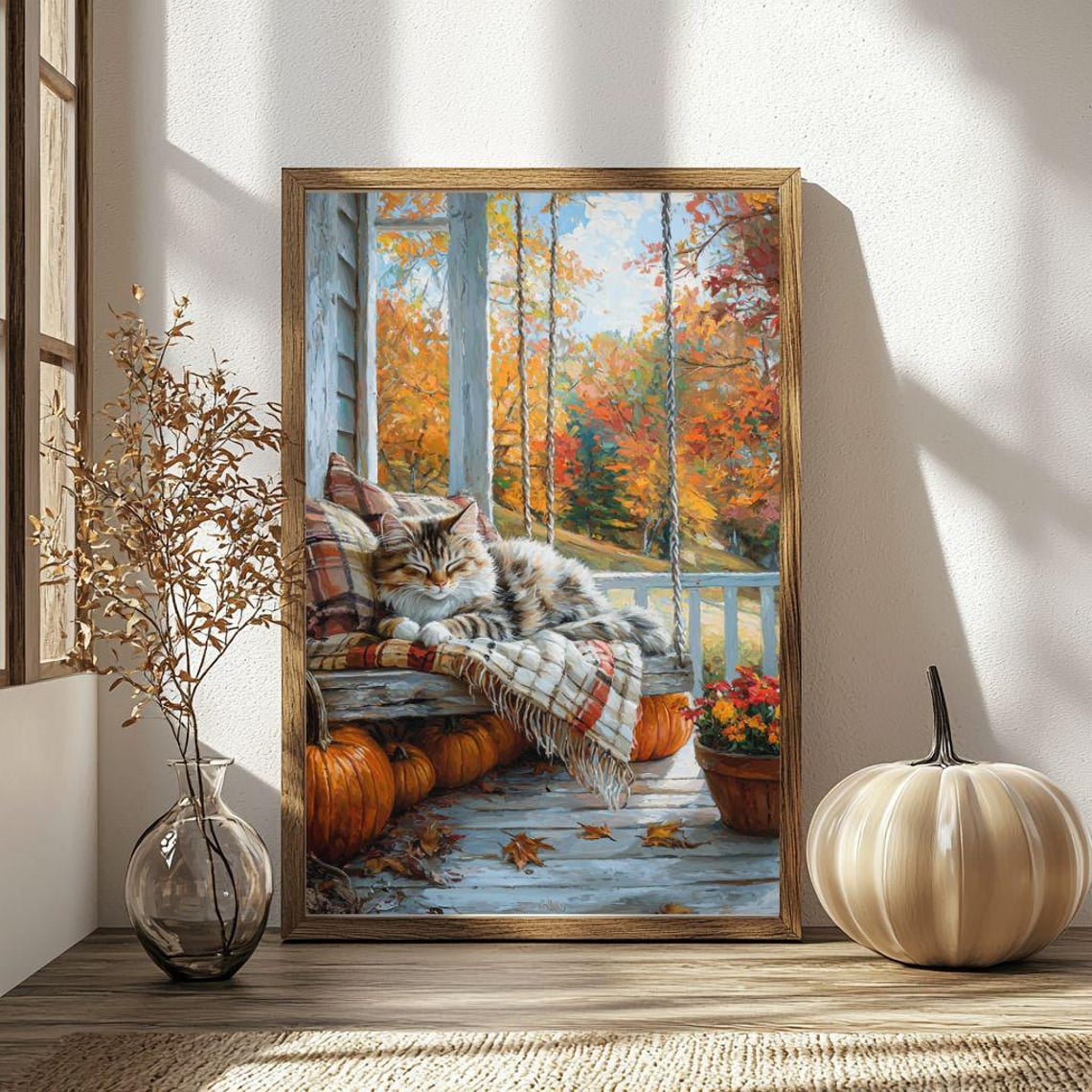 Autumn Cat On Porch Swing Poster, Farmhouse Fall Decor, Fall Wall Art ...