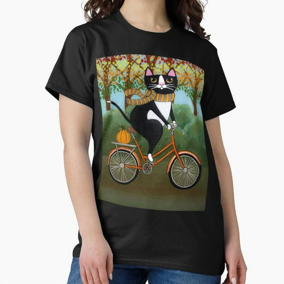 Autumn Cat on a Bicycle Cozy Fall Season Graphic H43055 T-Shirt, for ...