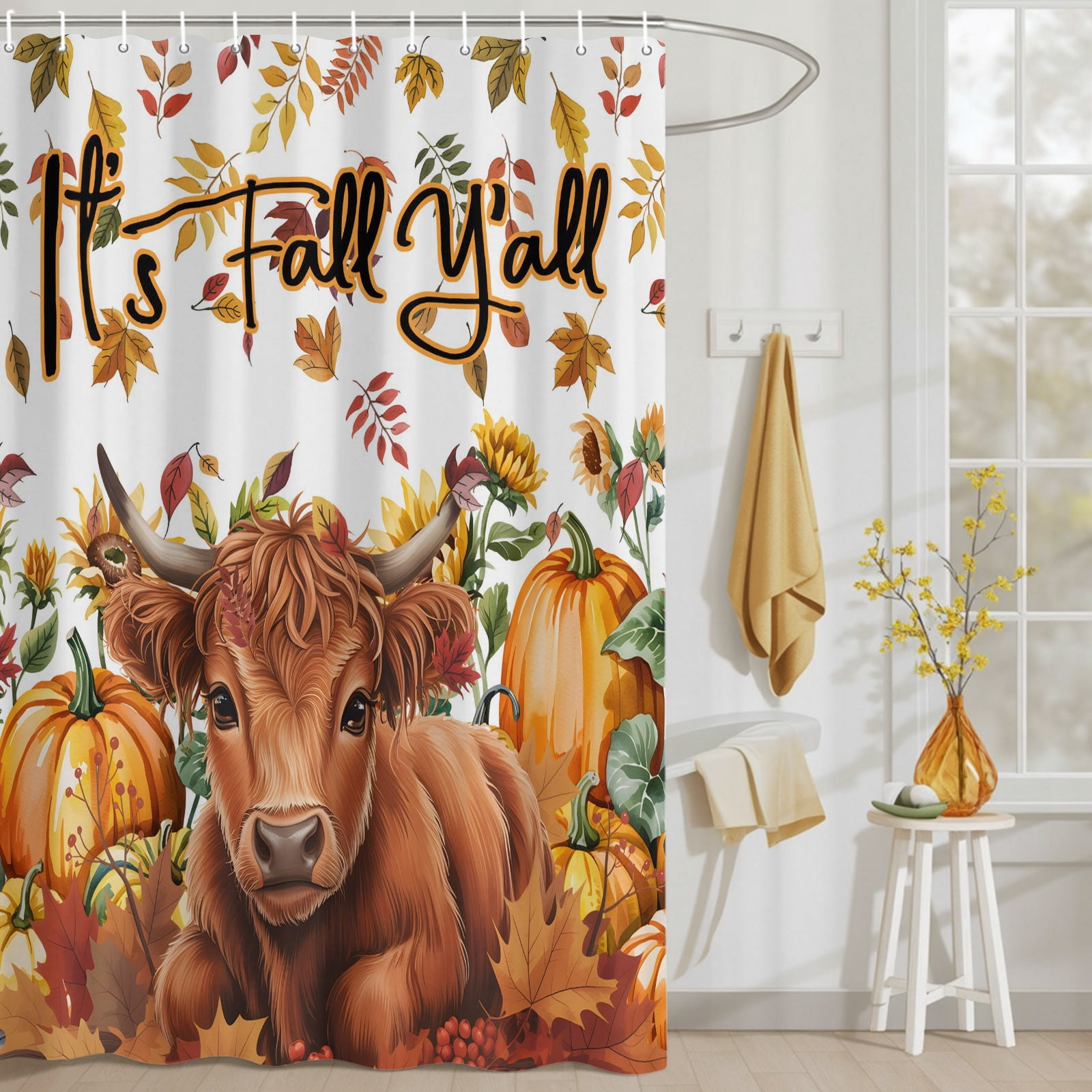 Autumn Cattle Pumpkin Sunflower Shower Curtain Set, Waterproof Shower ...