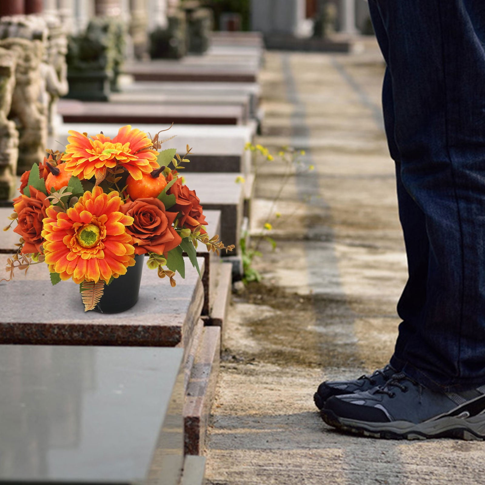 Autumn Cemetery Potted Flowers, Artificial Fall Arrangement For ...