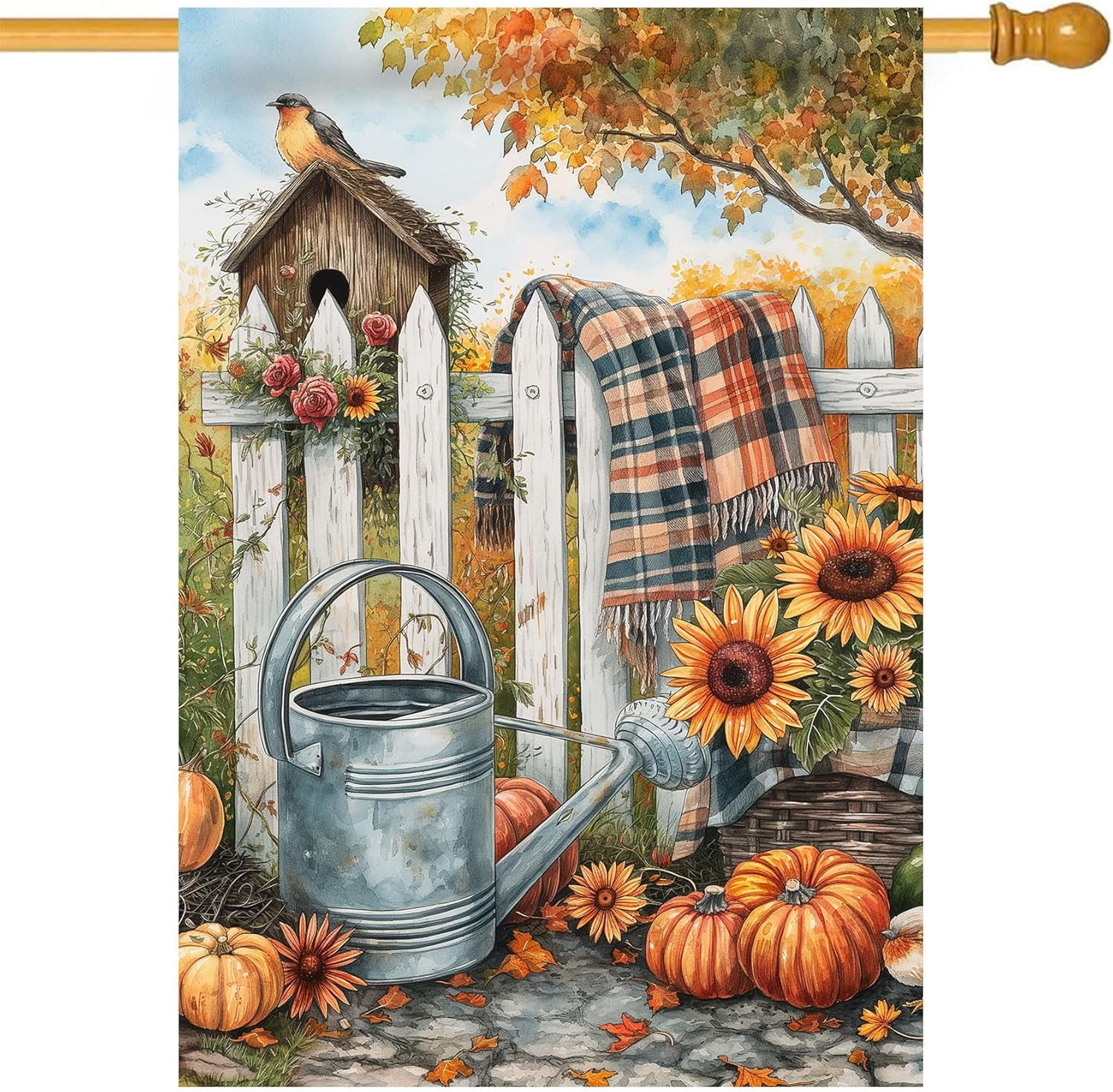 Autumn Chair Fall Flag Pumpkin Blue White Blanket Seasonal Maple leaves ...