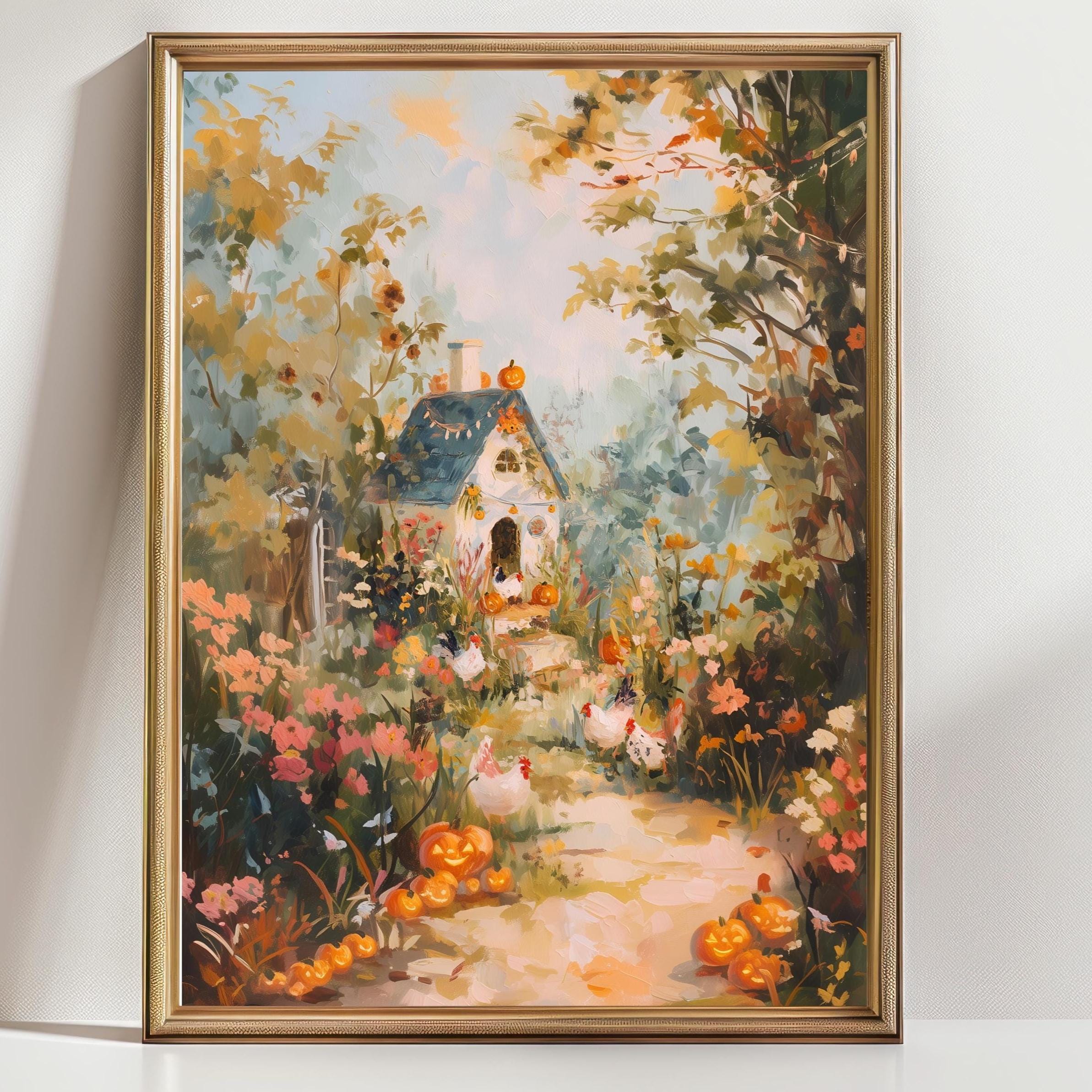 Autumn Chicken Coop Art Print | Cozy Farmhouse Wall Art With Pumpkins ...