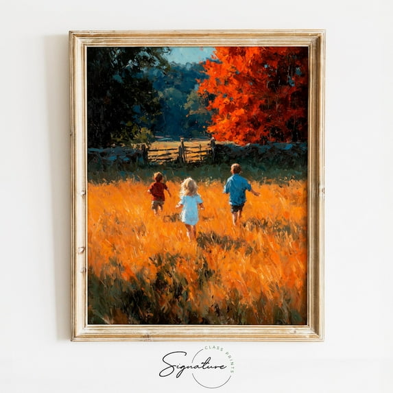 Autumn Children Playing Tag, Vibrant Fall Field Scene, Rustic Wall Art ...