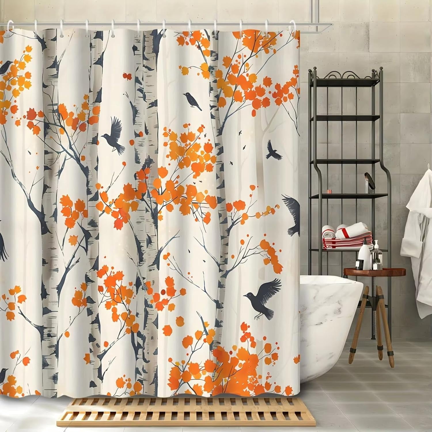 Autumn Chinese Style Maple Forest Crow Shower Curtain, Polyester Fabric ...