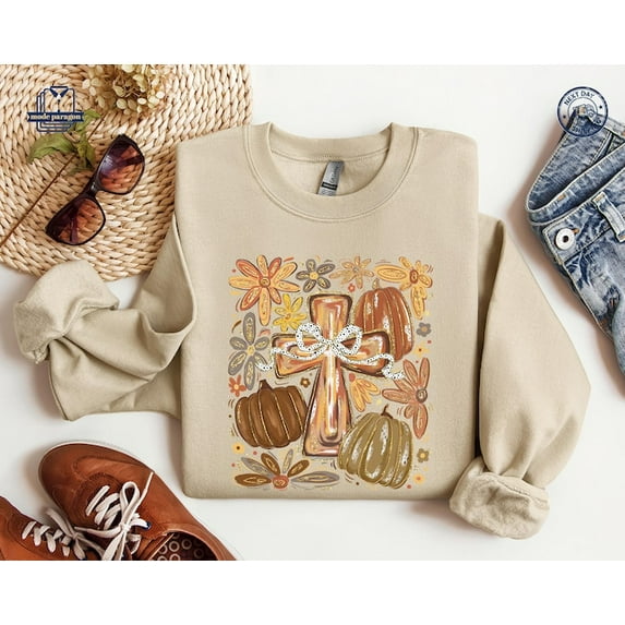 Autumn Christian Cross Sweatshirt, Pumpkin Hoodie, Brushstroke Fall ...