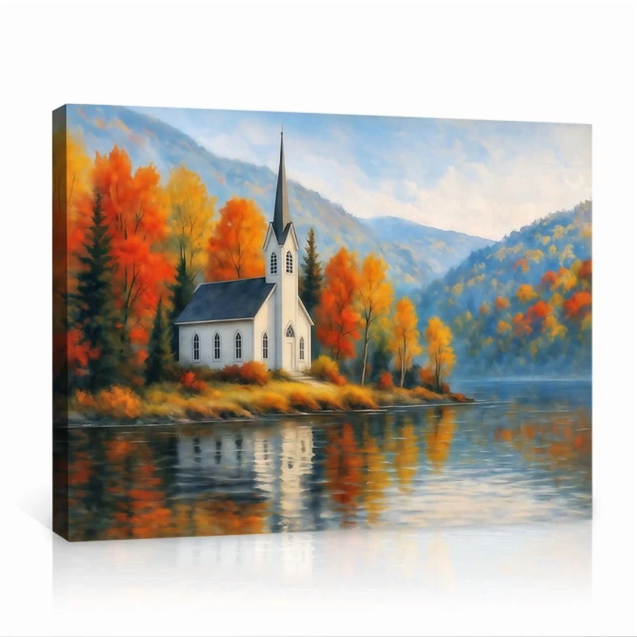 Autumn Church Lake Landscape Poster Fall Color Wall Art Print Art Home ...
