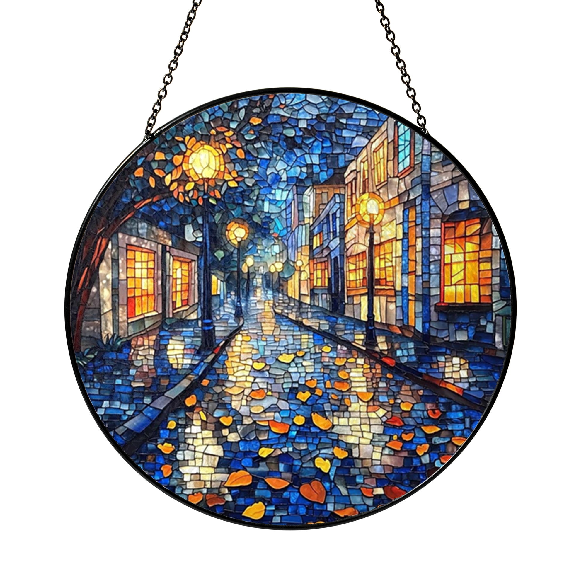 Autumn City Street Stained Glass Suncatcher Window Hanging, Fall Leaves ...