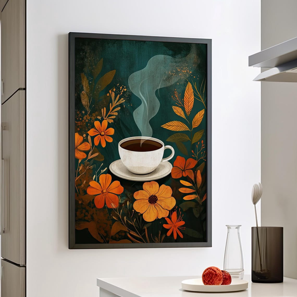Autumn Coffee Cup Illustration Poster, Rero Floral Botanical, Vintage ...