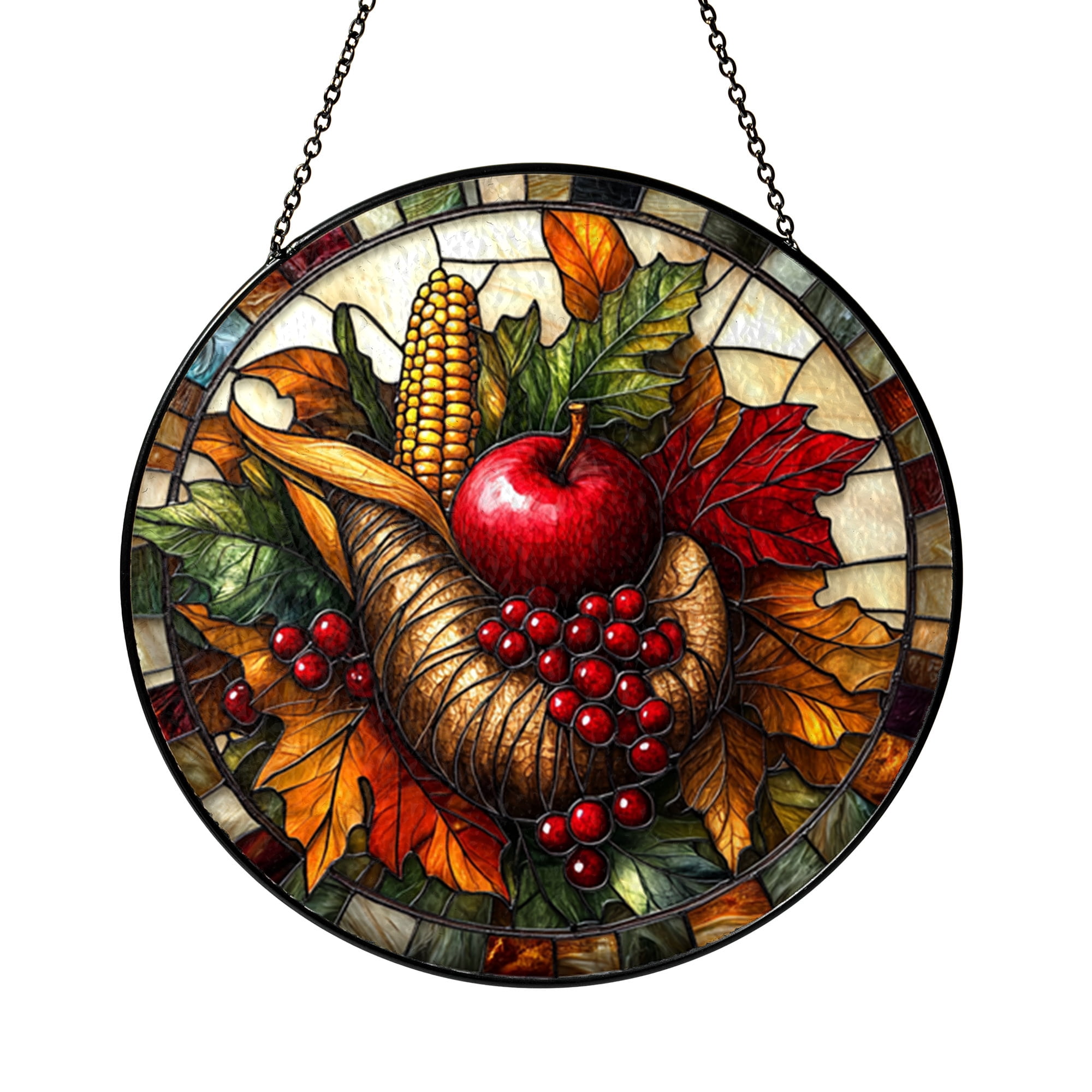 Autumn Cornucopia Stained Glass Sun Catcher, Rustic Thanksgiving Window ...