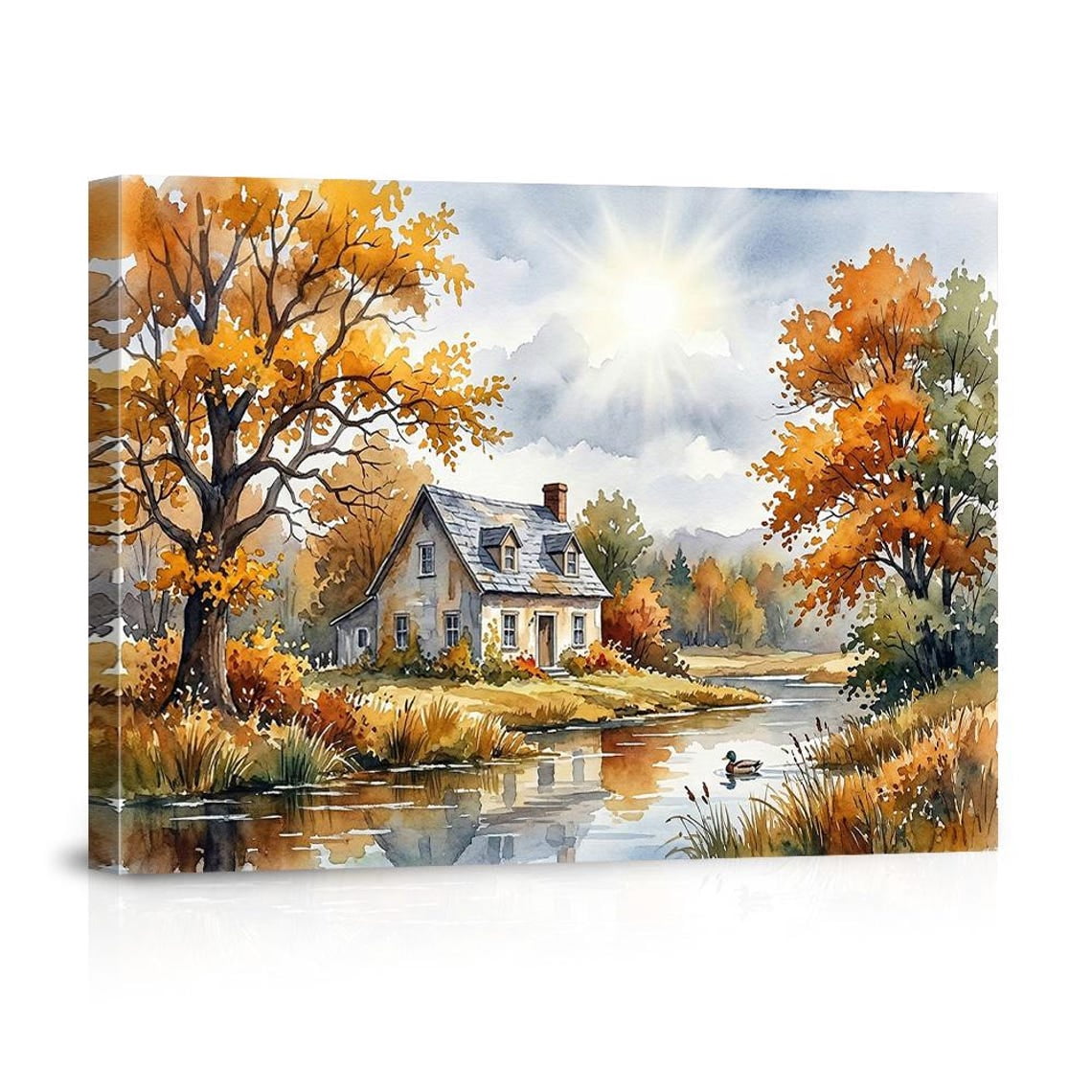 Autumn Cottage River Duck Rustic Farmhouse For Home Living Room Canvas ...