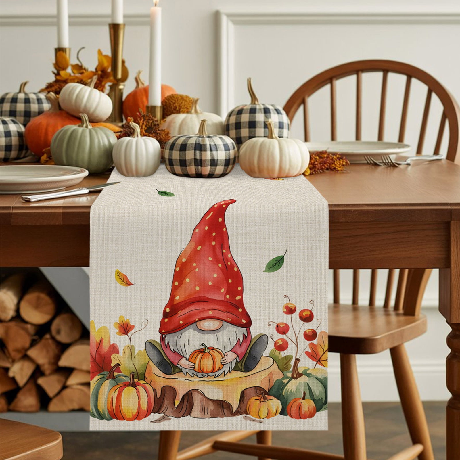 Autumn Country Pumpkin Gnome Table Runner 13x70in Non-Slip Cotton Linen ...