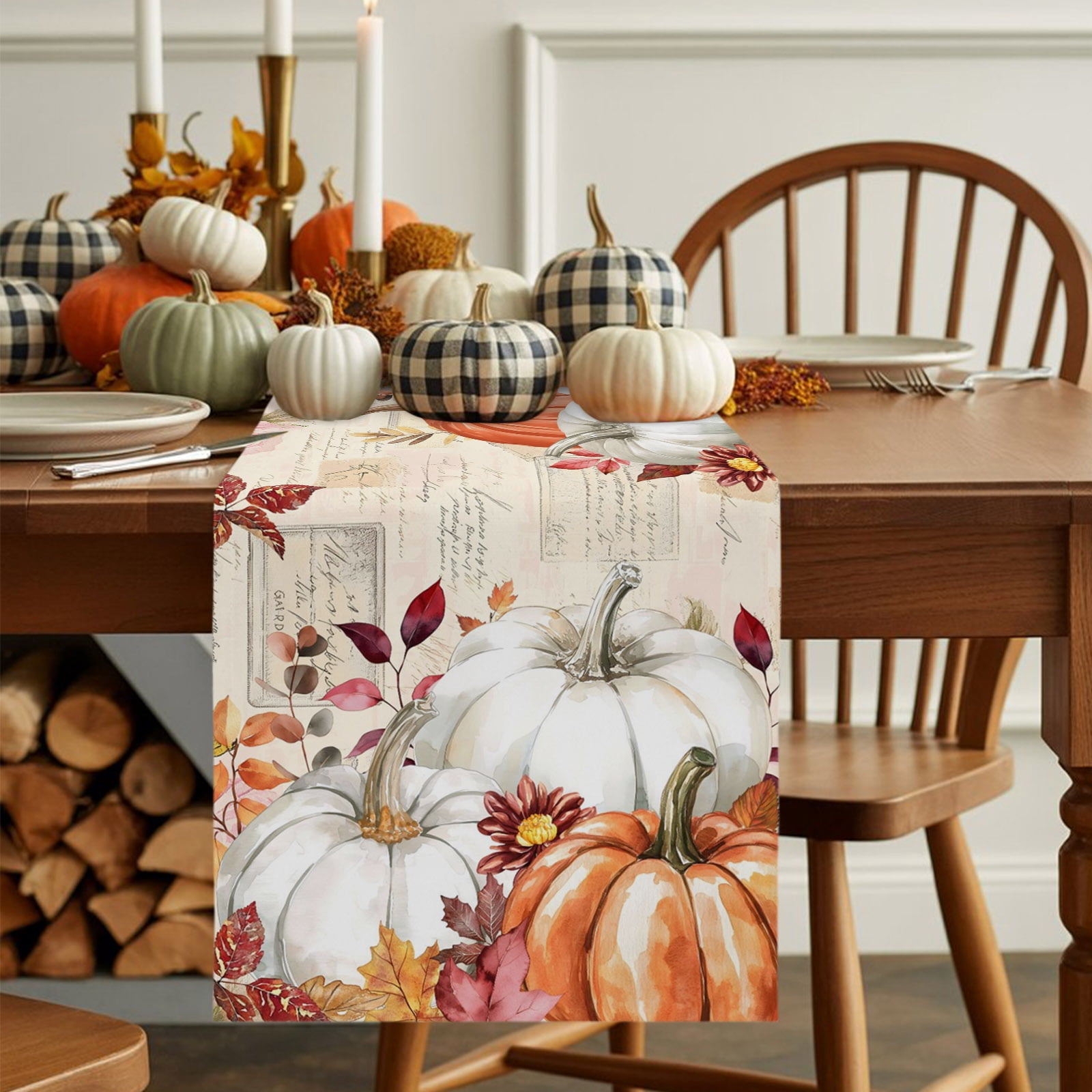 Autumn Country Pumpkins on Letter Table Runner 13x70in Non-Slip Cotton ...