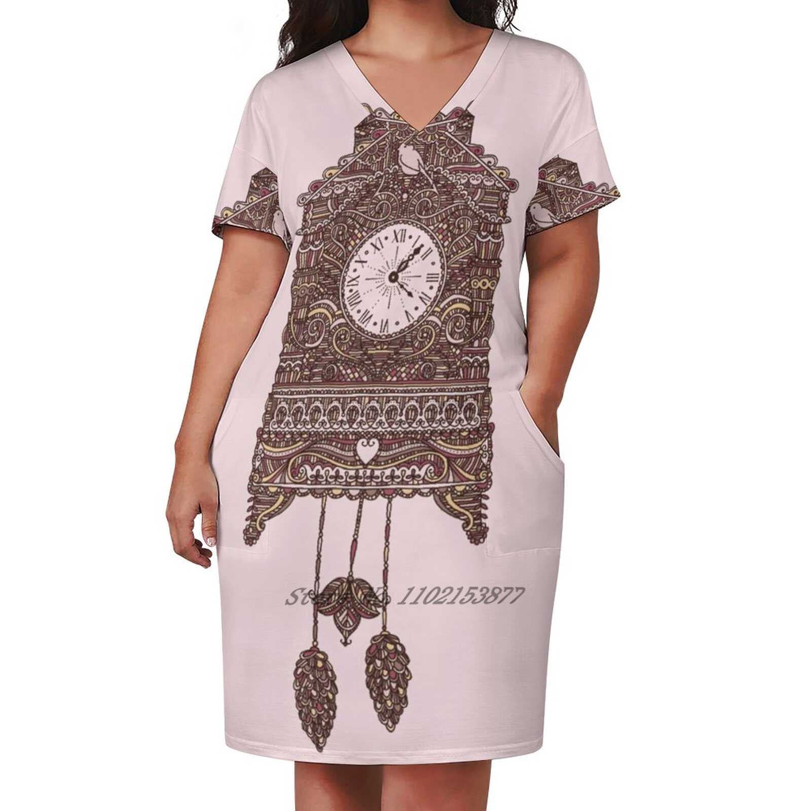 Autumn Cuckoo Clock Loose Pocket Dress Print Short Sleeve Dresses V ...