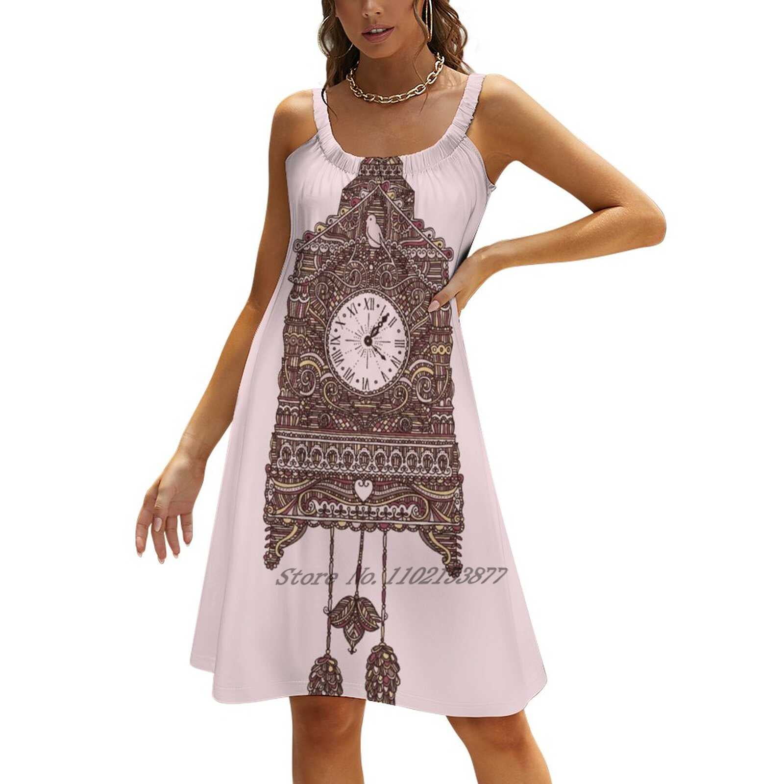 Autumn Cuckoo Clock Loose Pocket Dress Print Short Sleeve Dresses V ...