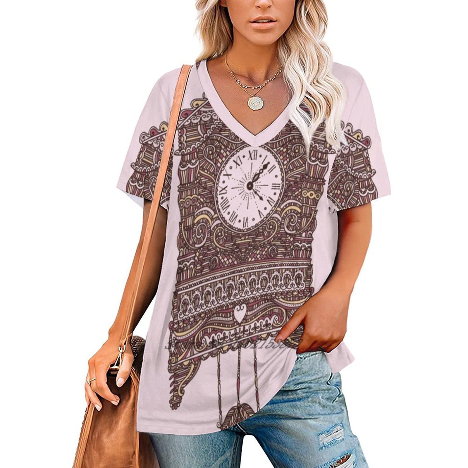 Autumn Cuckoo Clock Women'S T-Shirt Casual Short Sleeved Tops V-Neck ...