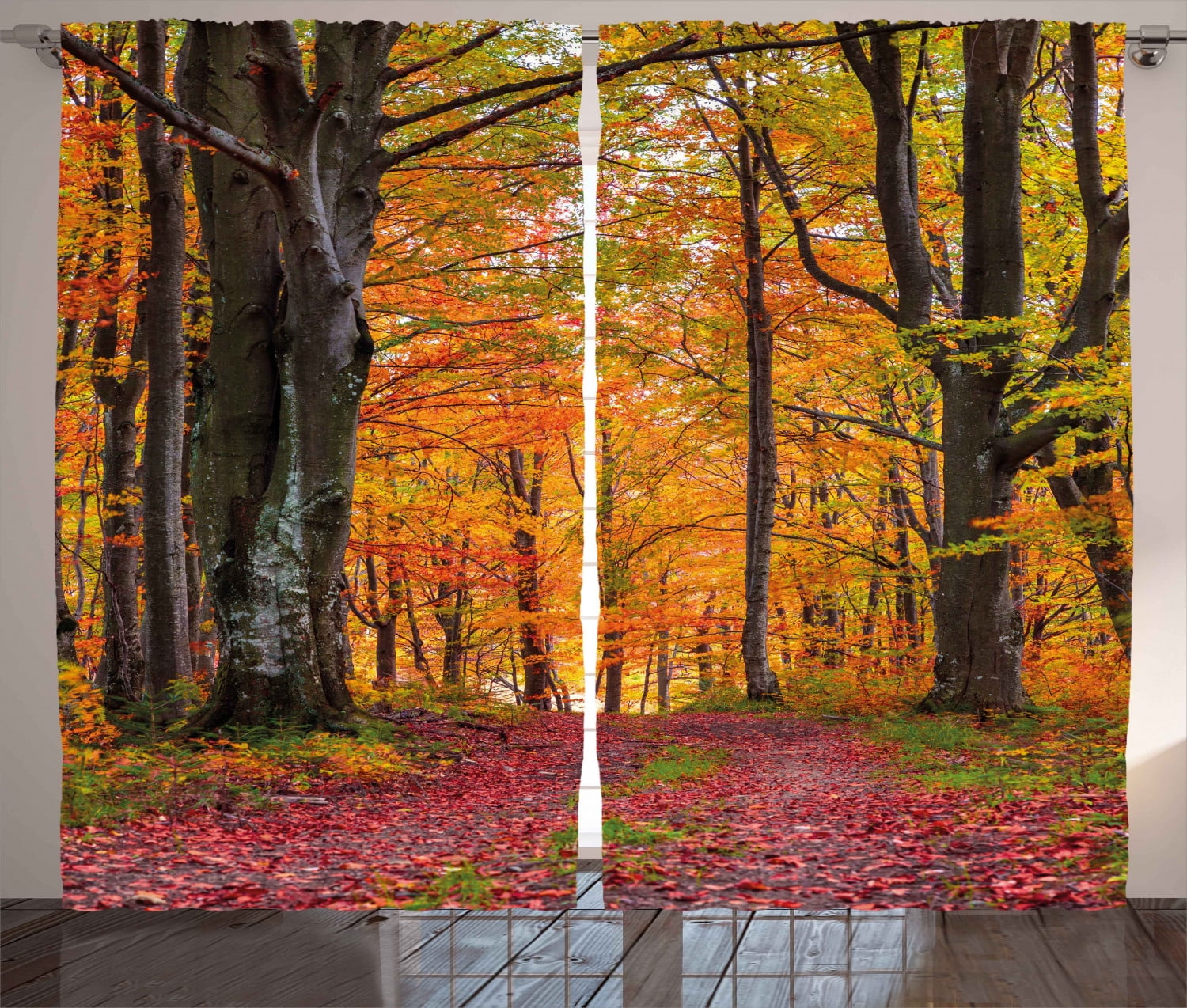 Ambesonne Autumn Curtains 2 Panel Set, Shady Deciduous Trees, 108" x 84 ...