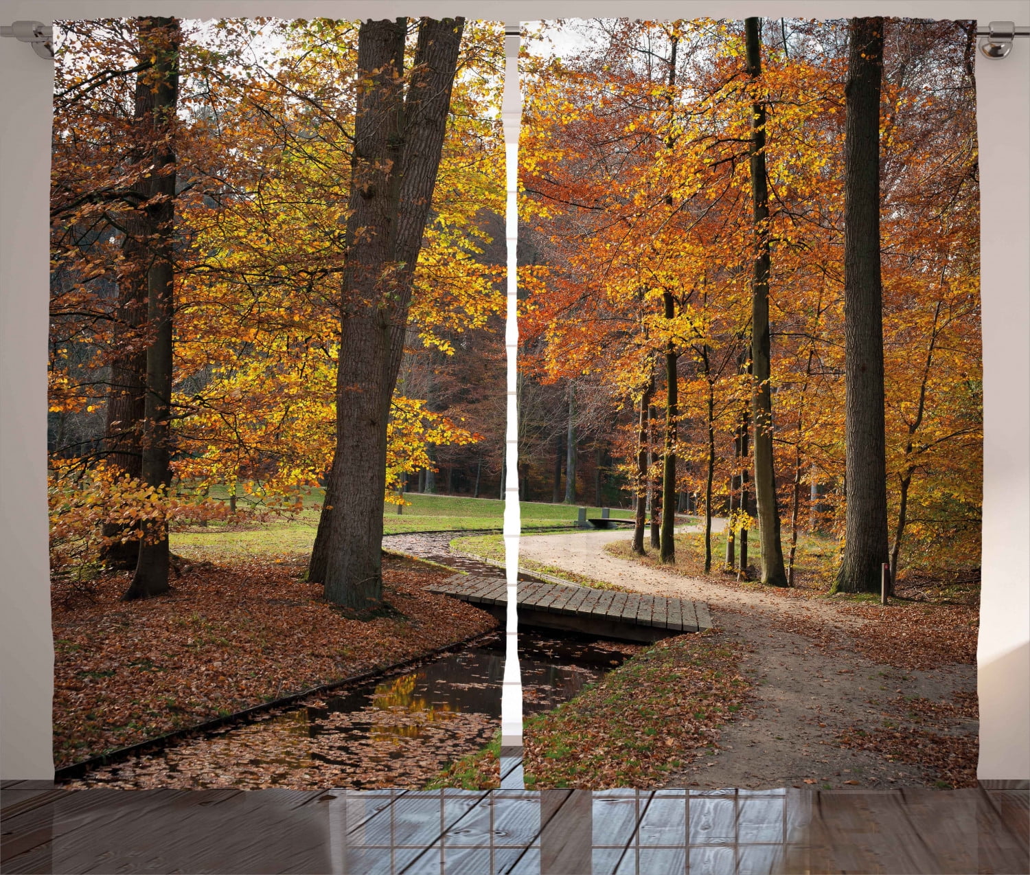 Ambesonne Autumn Curtains 2 Panel Set, Gloomy Day Forest Path, 108" x ...