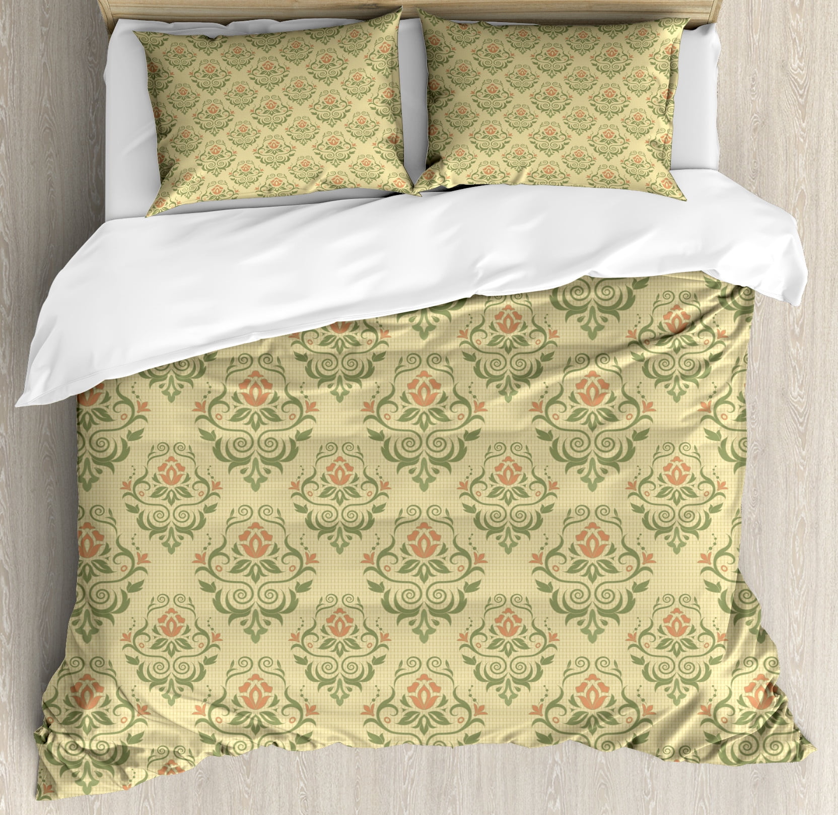 Autumn Damask Duvet Cover Set, Modern Retro Style Floral Elements on ...