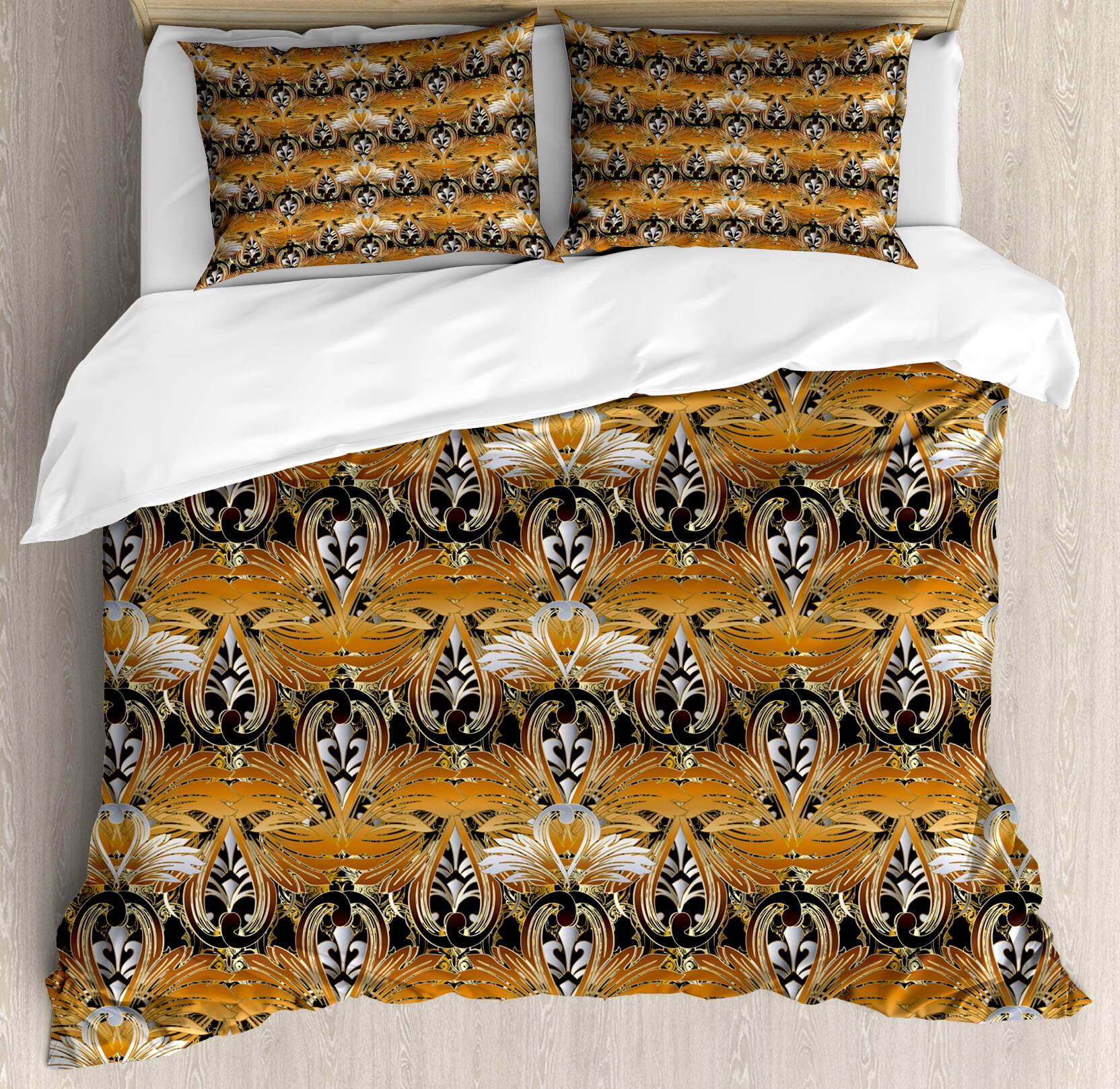 Autumn Damask Duvet Cover Set, Renaissance Themed Absurd Leafy Elements ...