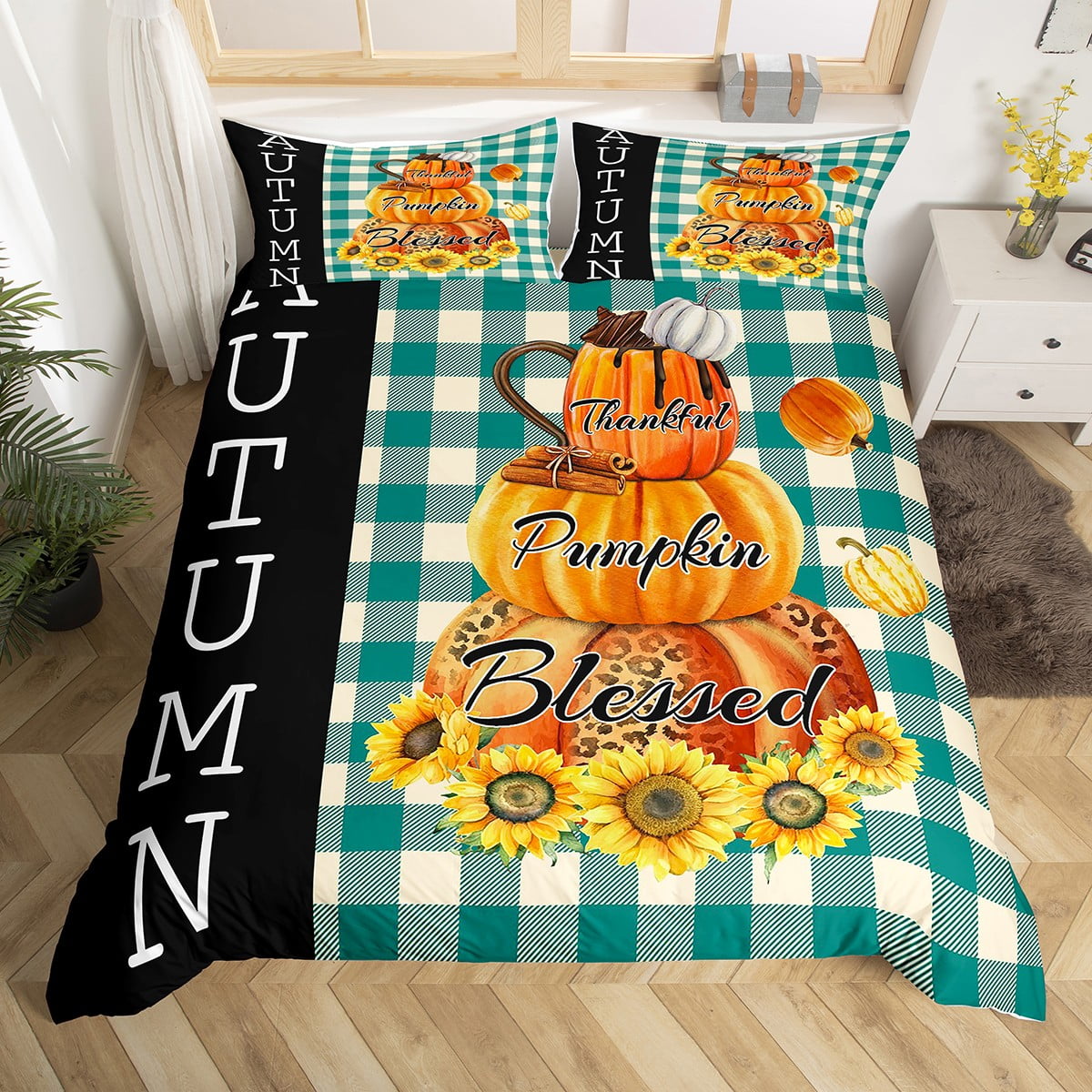 Autumn Decor Bedding Set Twin Size Farm Pumpkin Maple Leaf Sunflower ...