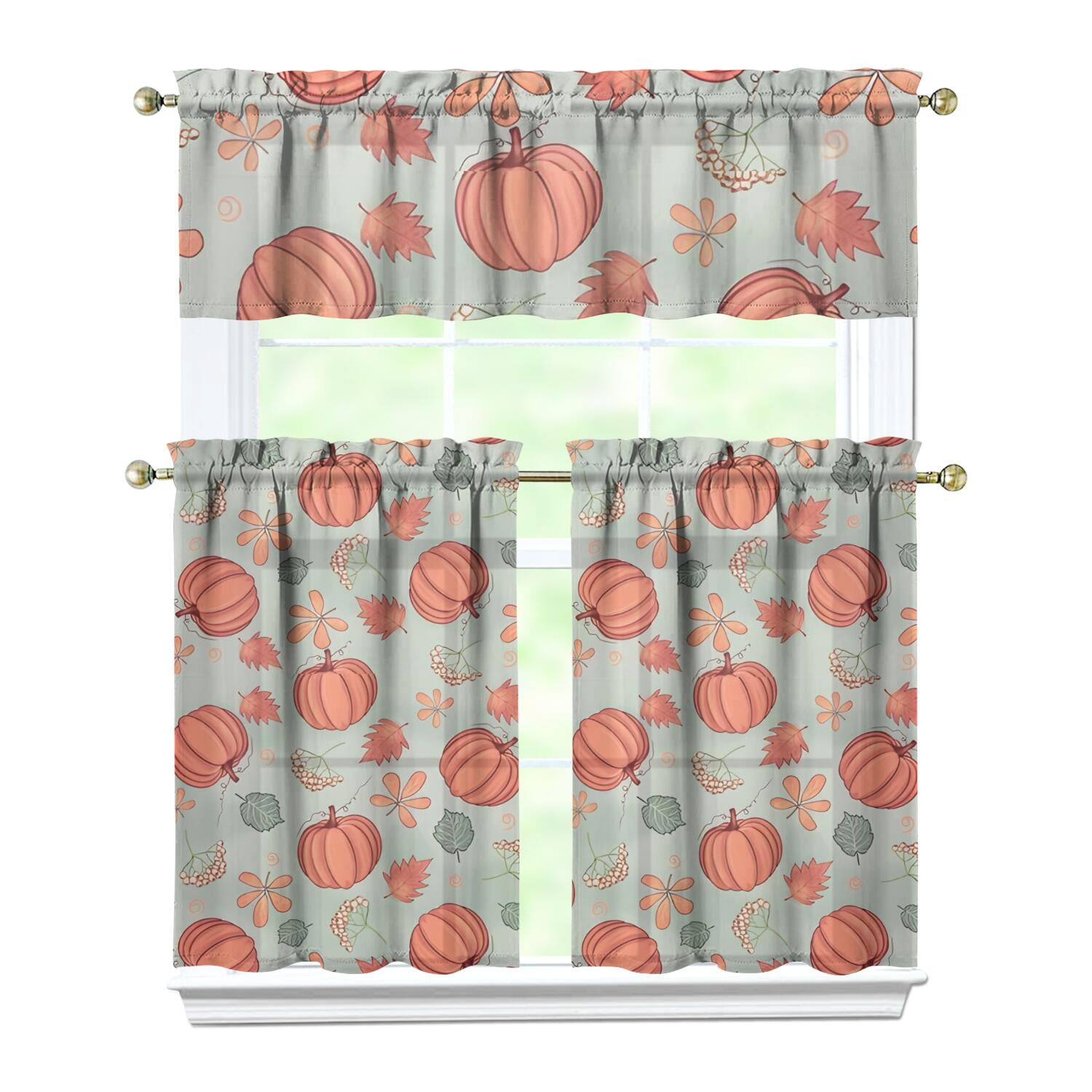 Autumn Decor Kitchen Curtains Set of 3 with Valance Fall Leaves Pumpkin ...