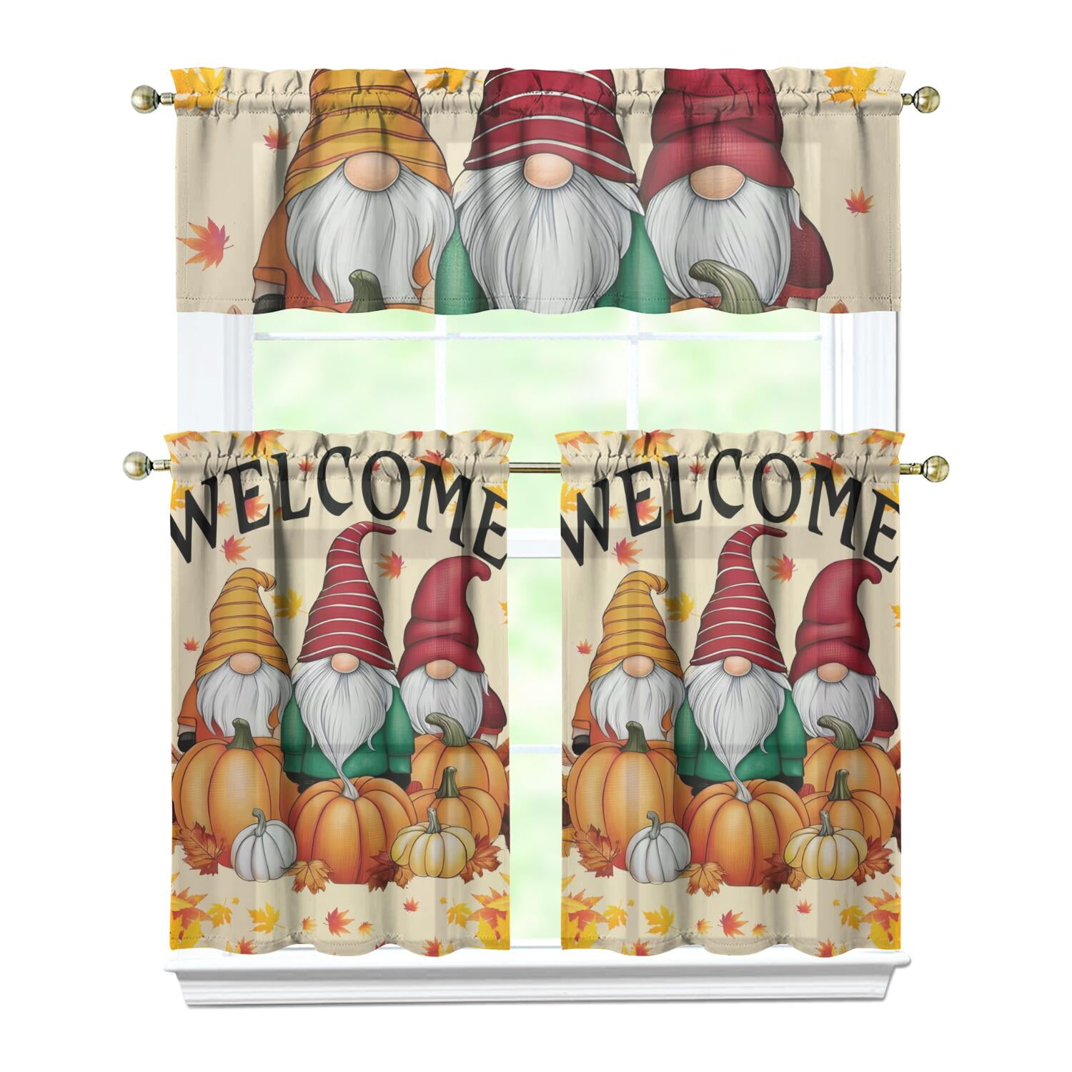 Autumn Decor Kitchen Curtains Set of 3 with Valance Fall Leaves Pumpkin ...