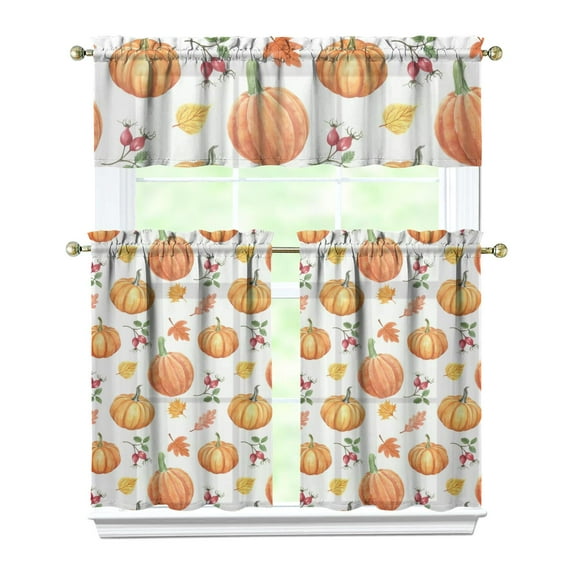 Autumn Decor Pumpkin Kitchen Curtains 3-Piece Set Maple Leaf Pattern ...