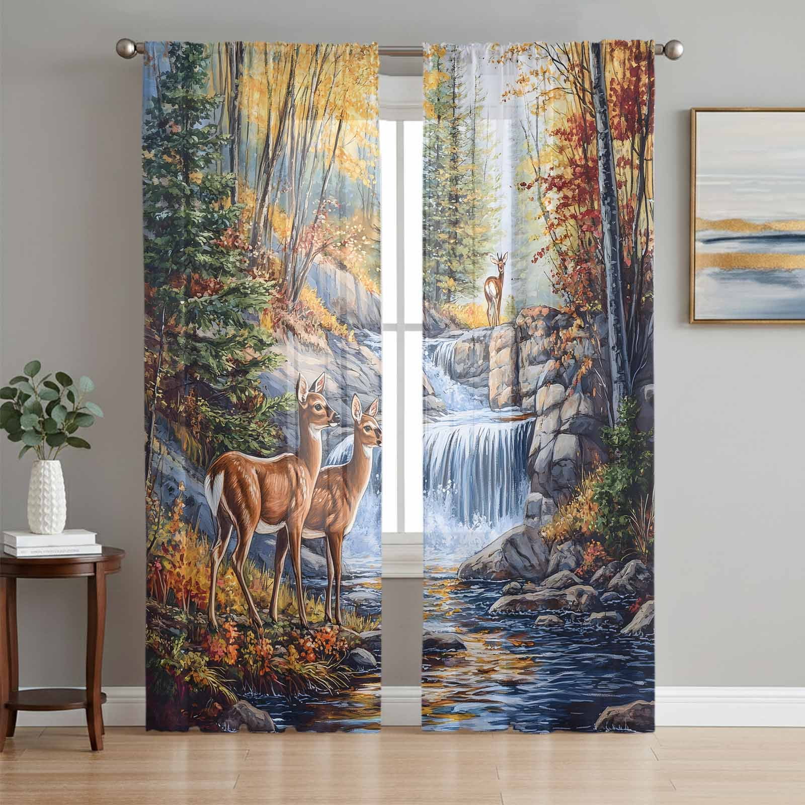 Autumn Deer Semi Sheer Curtains 96 Inch Length 2 Panels Set, Farmhouse ...