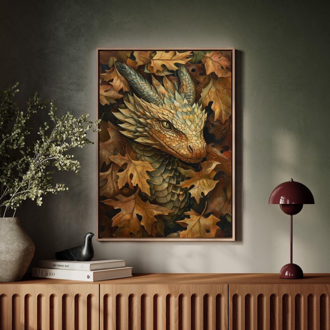 Autumn Dragon Wall Art: Enchanting Green Dragon Among Golden Oak Leaves ...