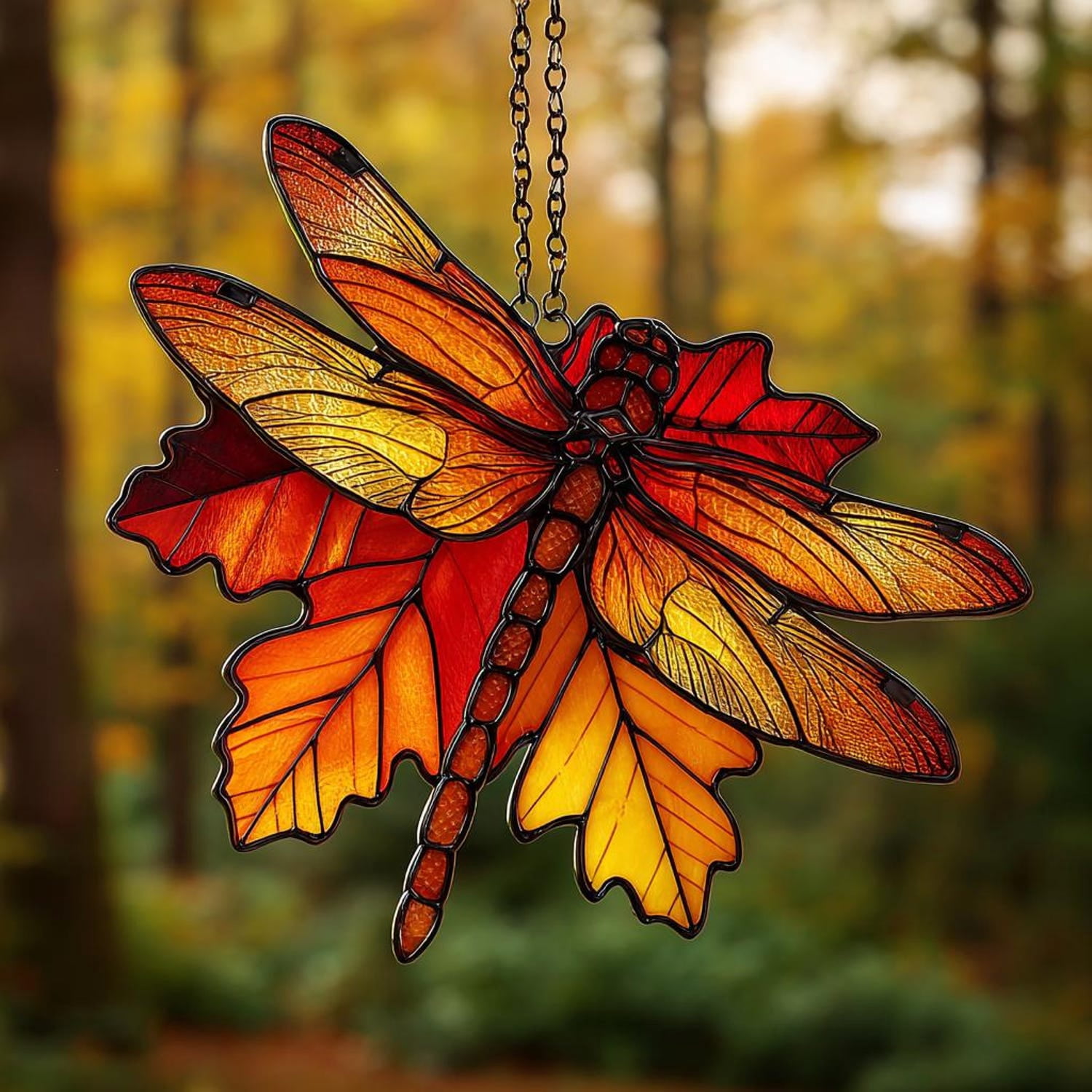Autumn Dragonfly Acrylic Suncatcher, Faux Stained Glass Fall Leaf ...