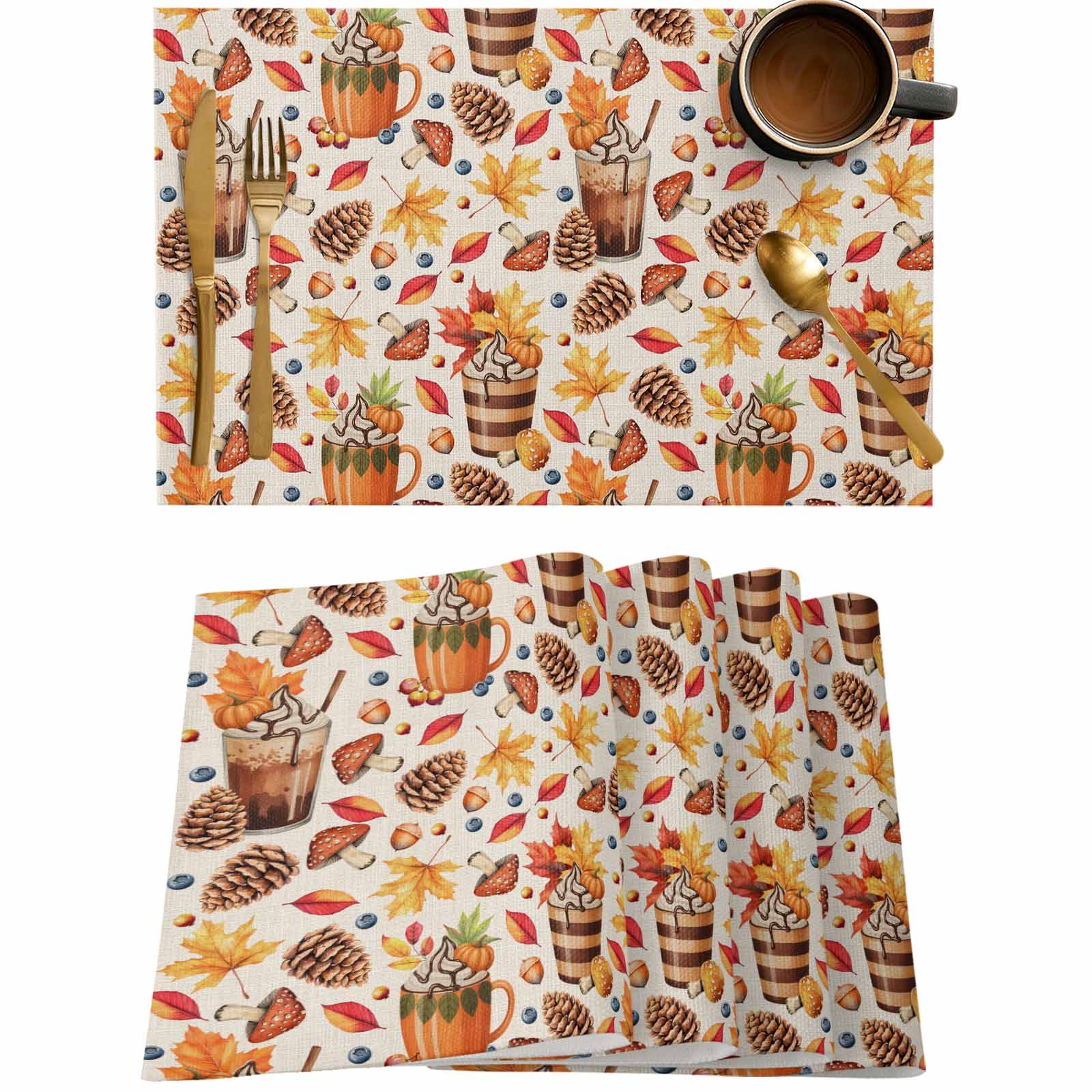 Autumn Drink Maple Leaves Pine Cone Placemats Set of 4,Wipeable ...