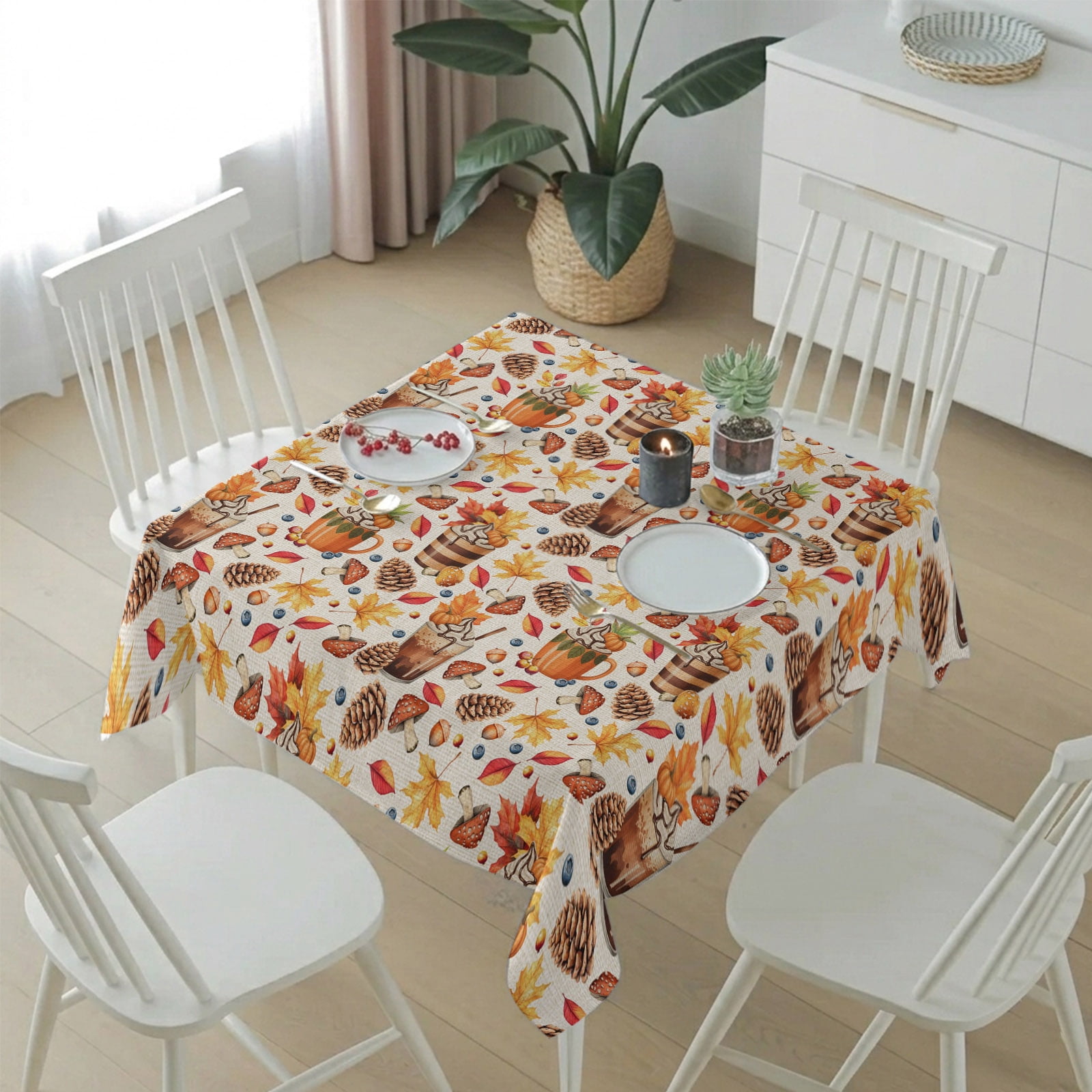 Autumn Drink Maple Leaves Pine Cone Table Cloth 54x54in, Waterproof ...