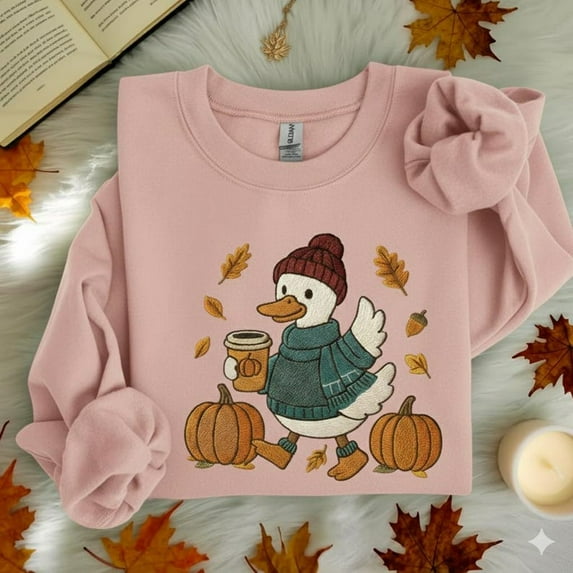 Autumn Duck Embroidered Sweatshirt | Pumpkin Coffee & Fall Leaves ...