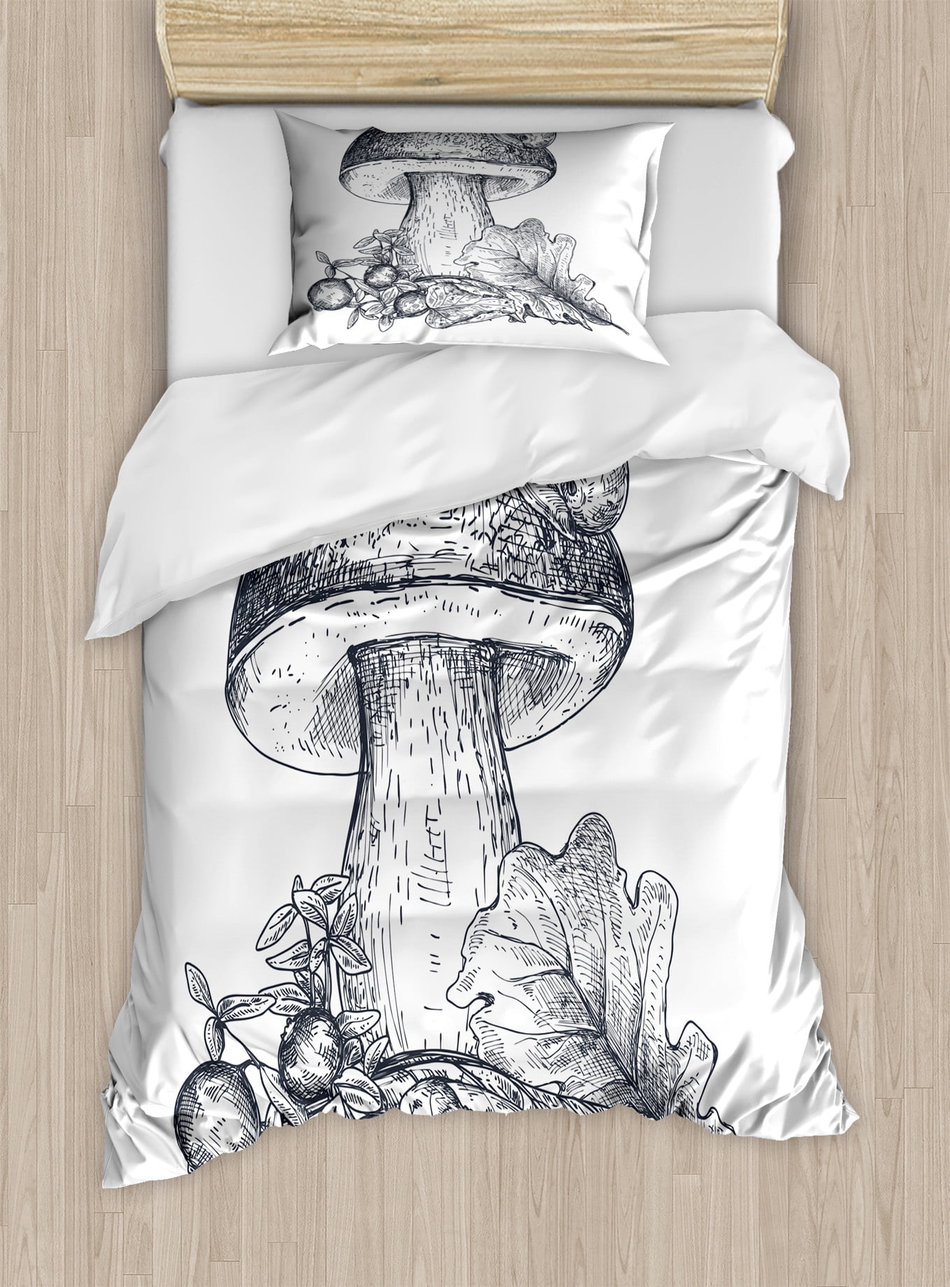 Autumn Duvet Cover Set, Hand Drawing Mushroom Oak Leaf Snail Fall ...