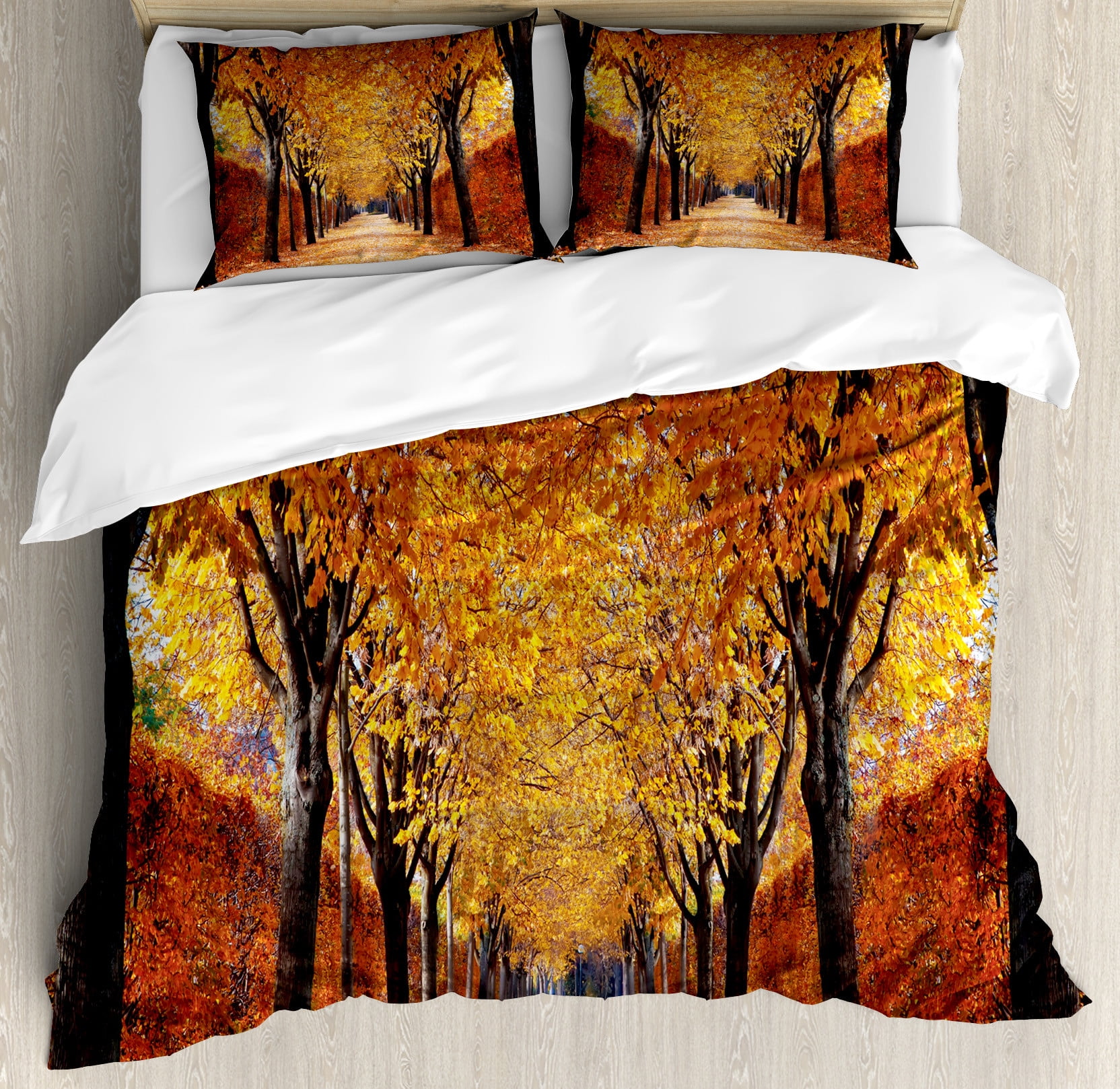 Autumn Duvet Cover Set, Pathway in the Woods Covered Dried Deciduous ...
