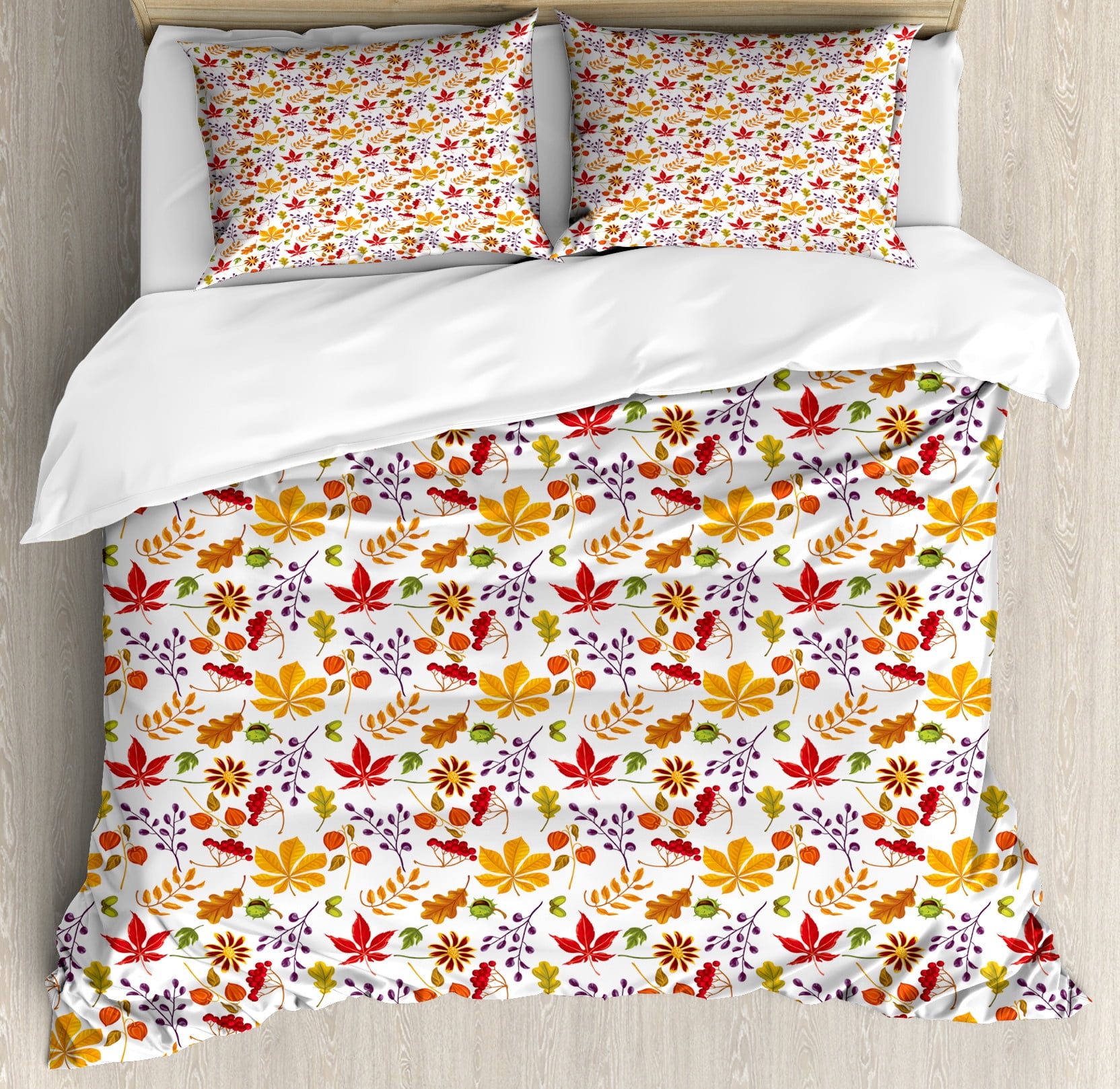 Autumn Duvet Cover Set, Seasonal Leaves Mixed Floral Illustration Plain ...