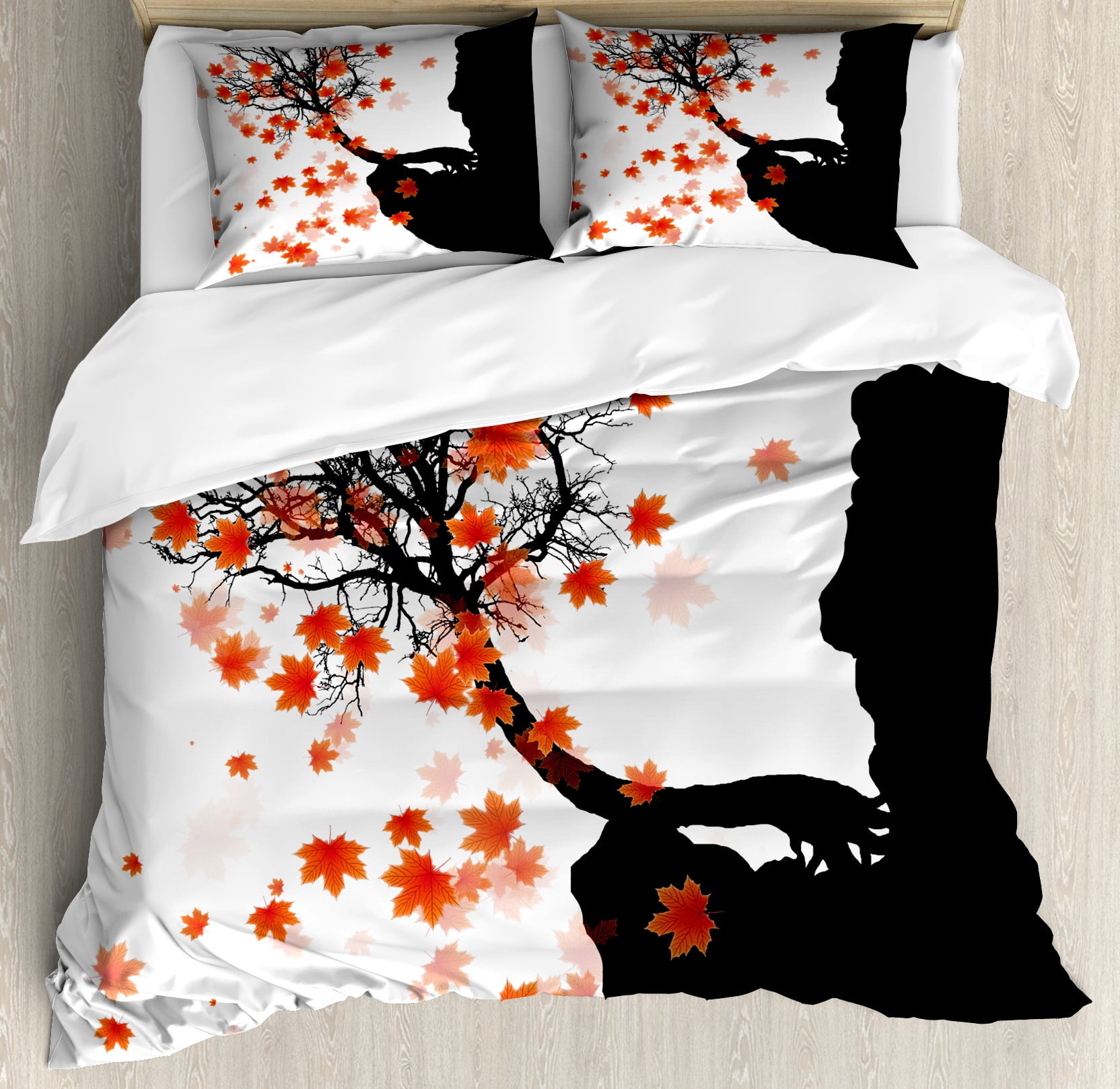 Autumn Duvet Cover Set, Tree Shadowy Silhouette Falling Autumnal Leaves ...