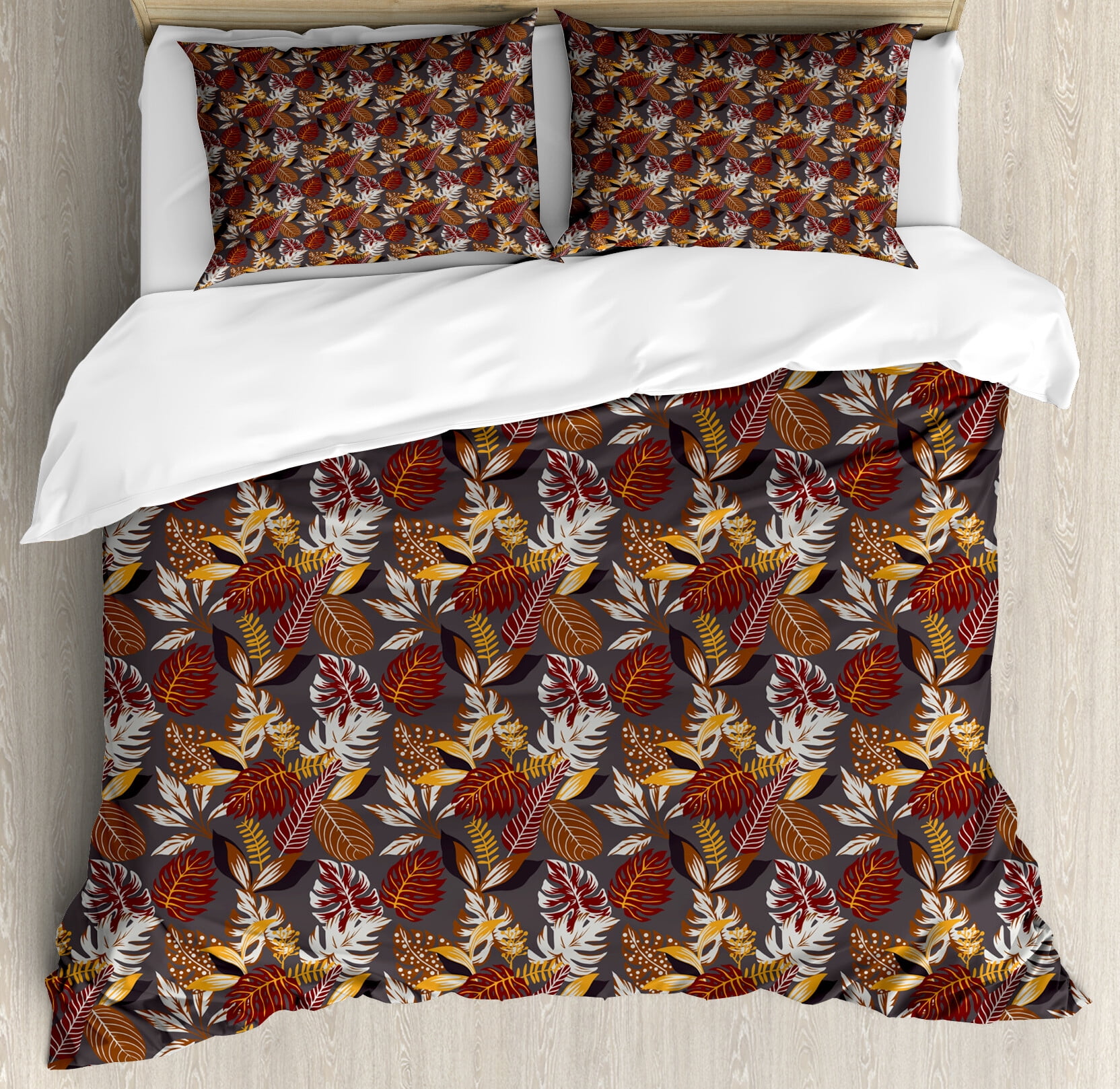 Autumn Duvet Cover Set, Tropical Leaves in Earth Tones Botanical ...